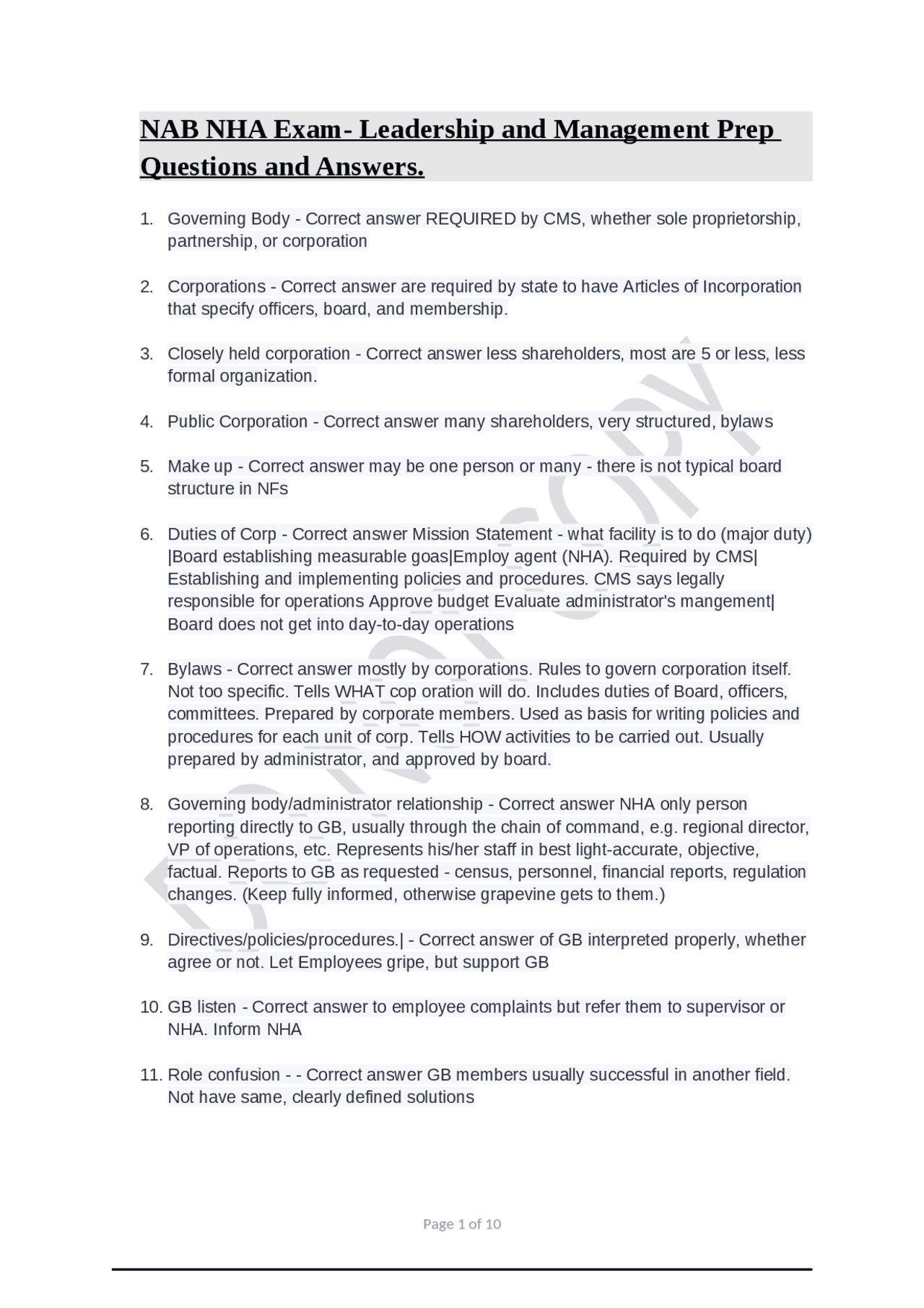 NAB NHA Exam- Leadership and Management Prep Questions and Answers ...