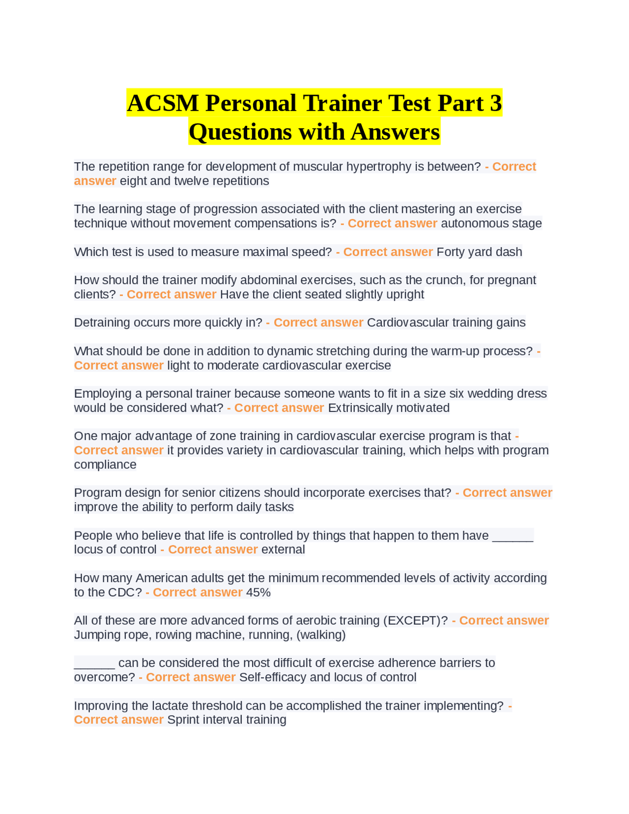 ACSM Personal Trainer Test Part 3: Questions and Answers | Exams ...