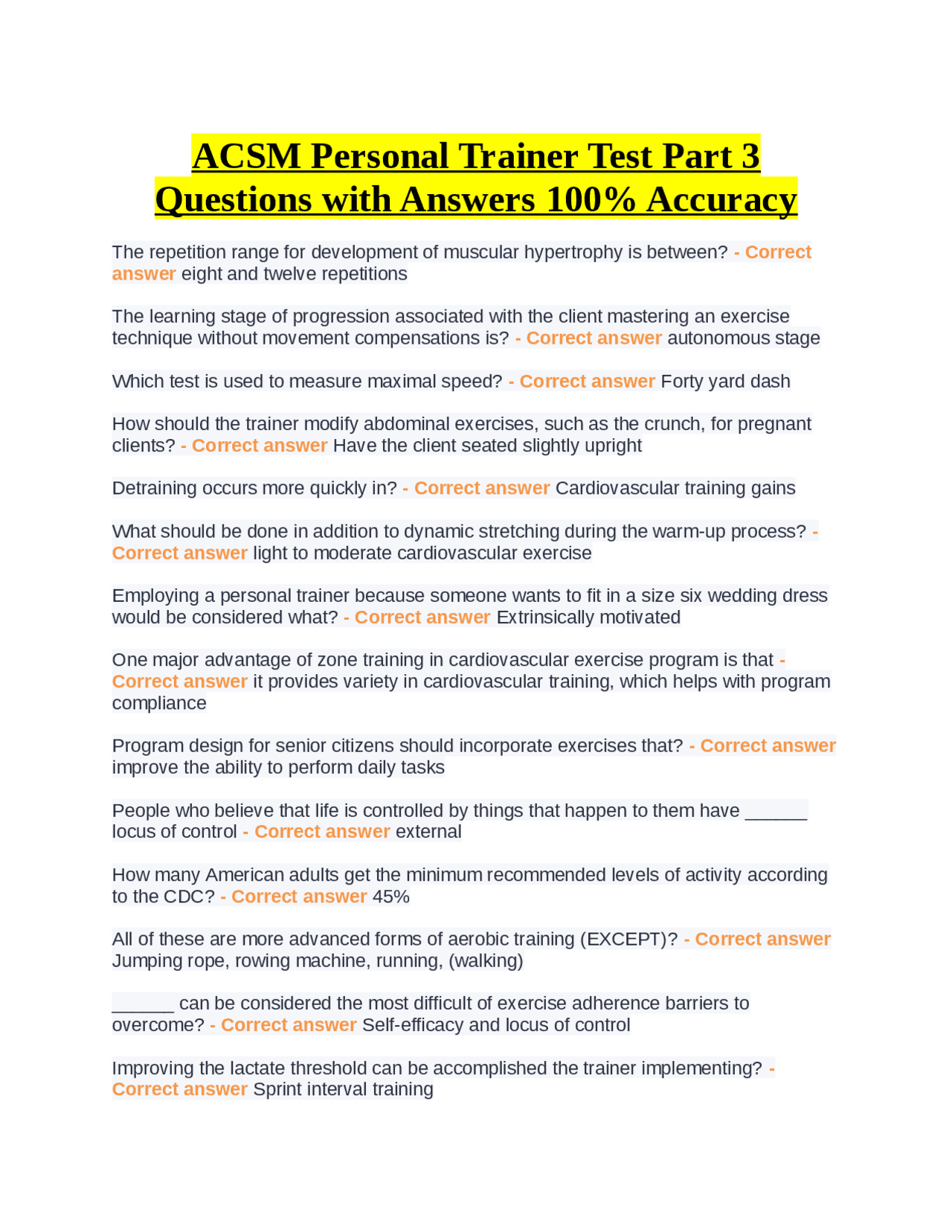 ACSM Personal Trainer Test Part 3: Questions and Answers | Exams ...