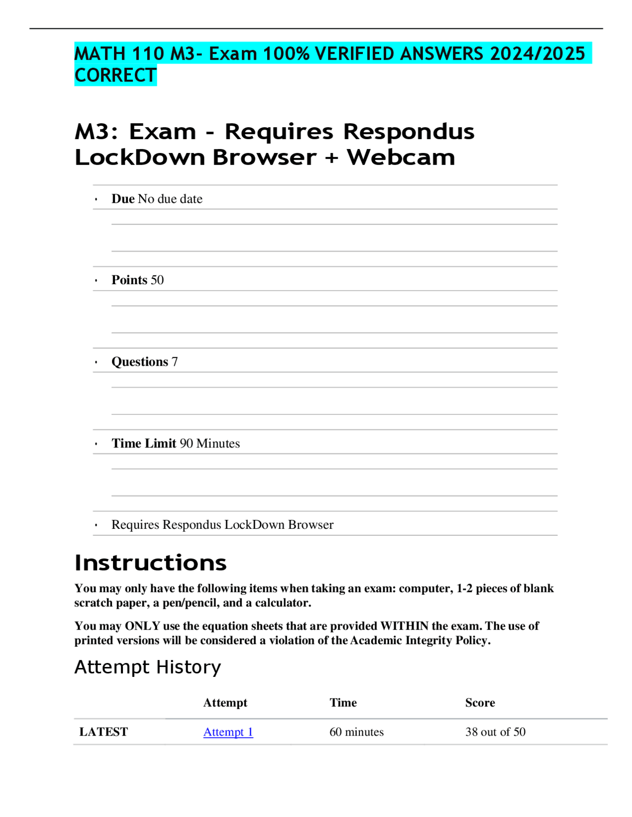 MATH 110 M3- Exam 100% VERIFIED ANSWERS 2024/2025 CORRECT | Exams ...