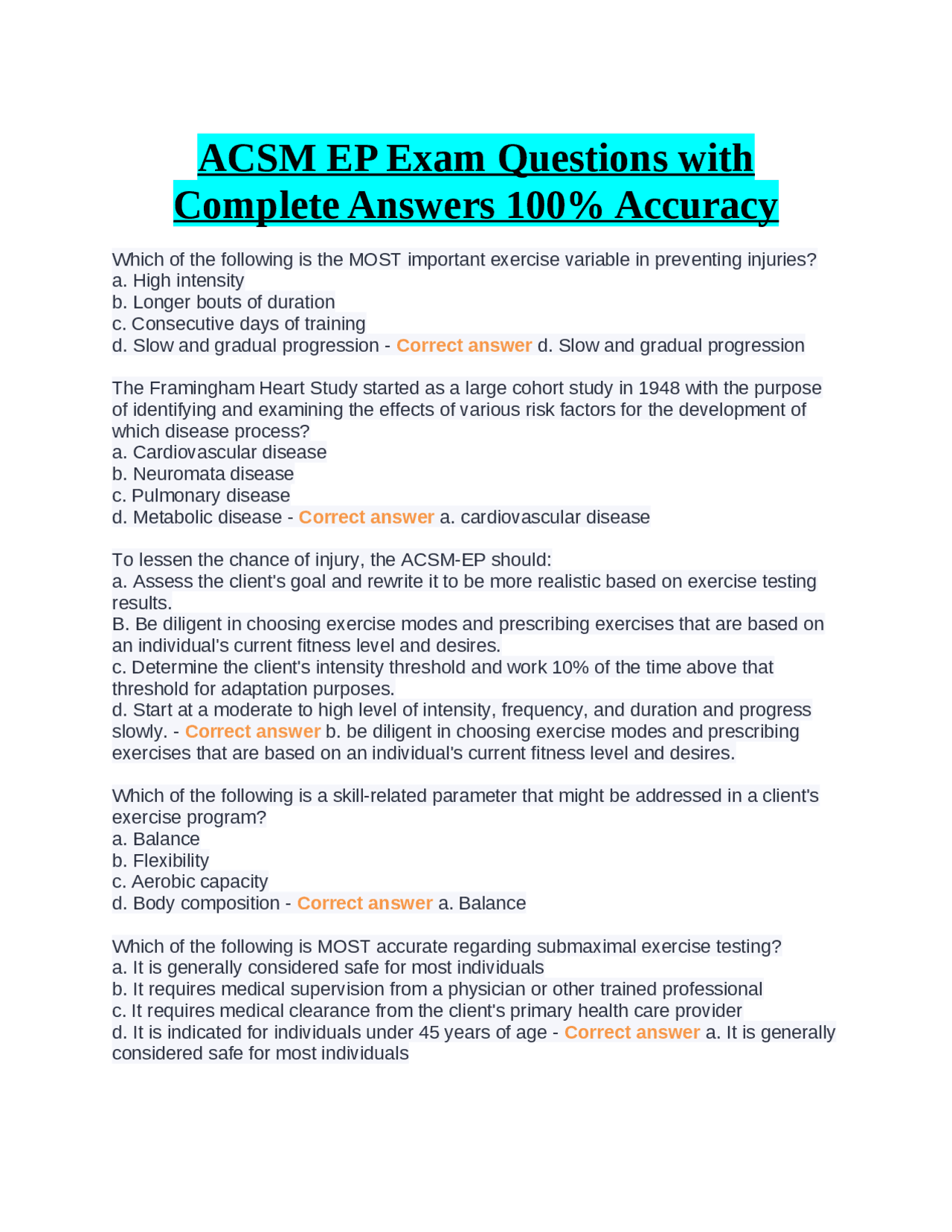 ACSM EP Exam Questions with Complete Answers 100% Accuracy | Exams ...