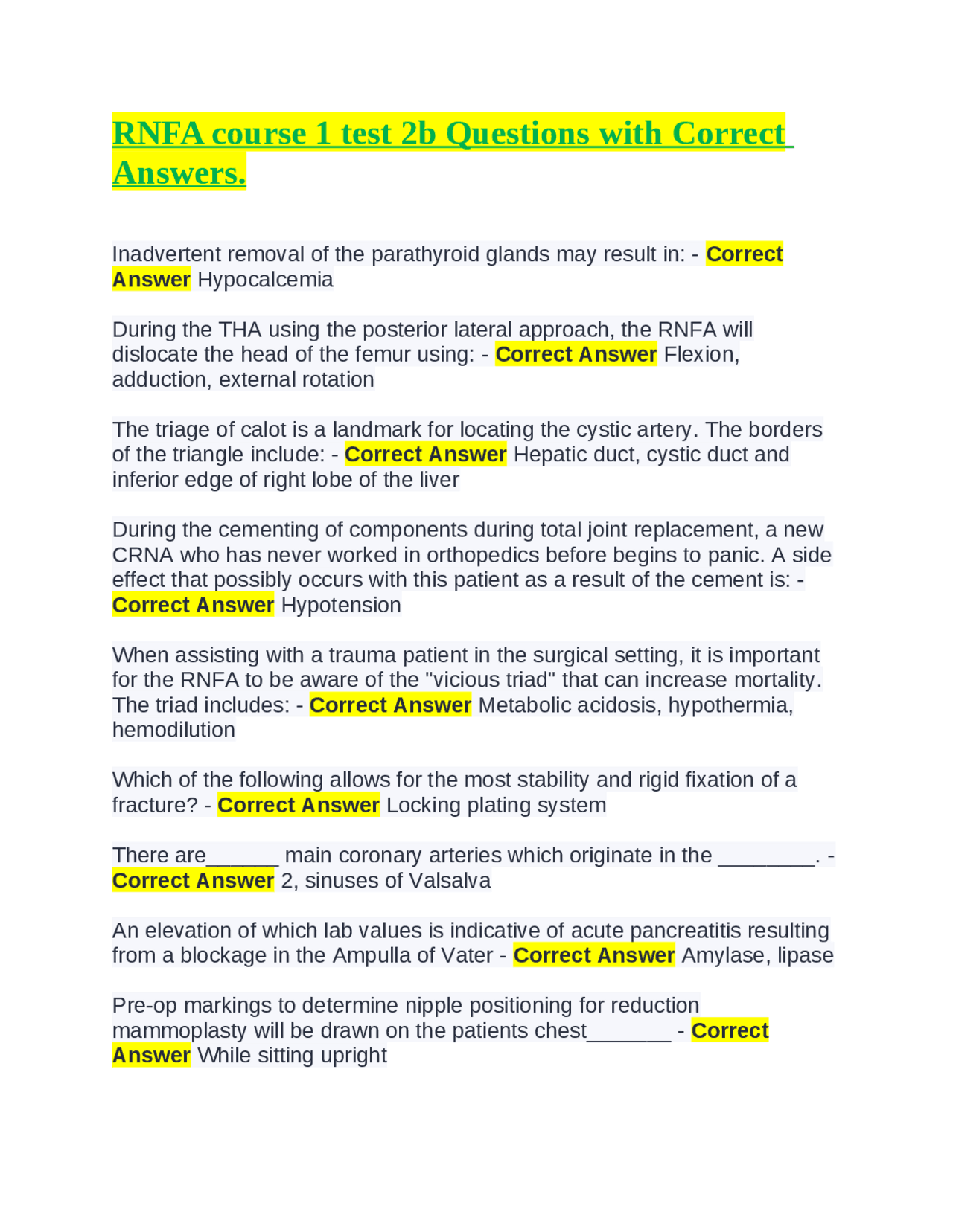RNFA course 1 test 2b Questions with Correct Answers. | Exams Medicine ...