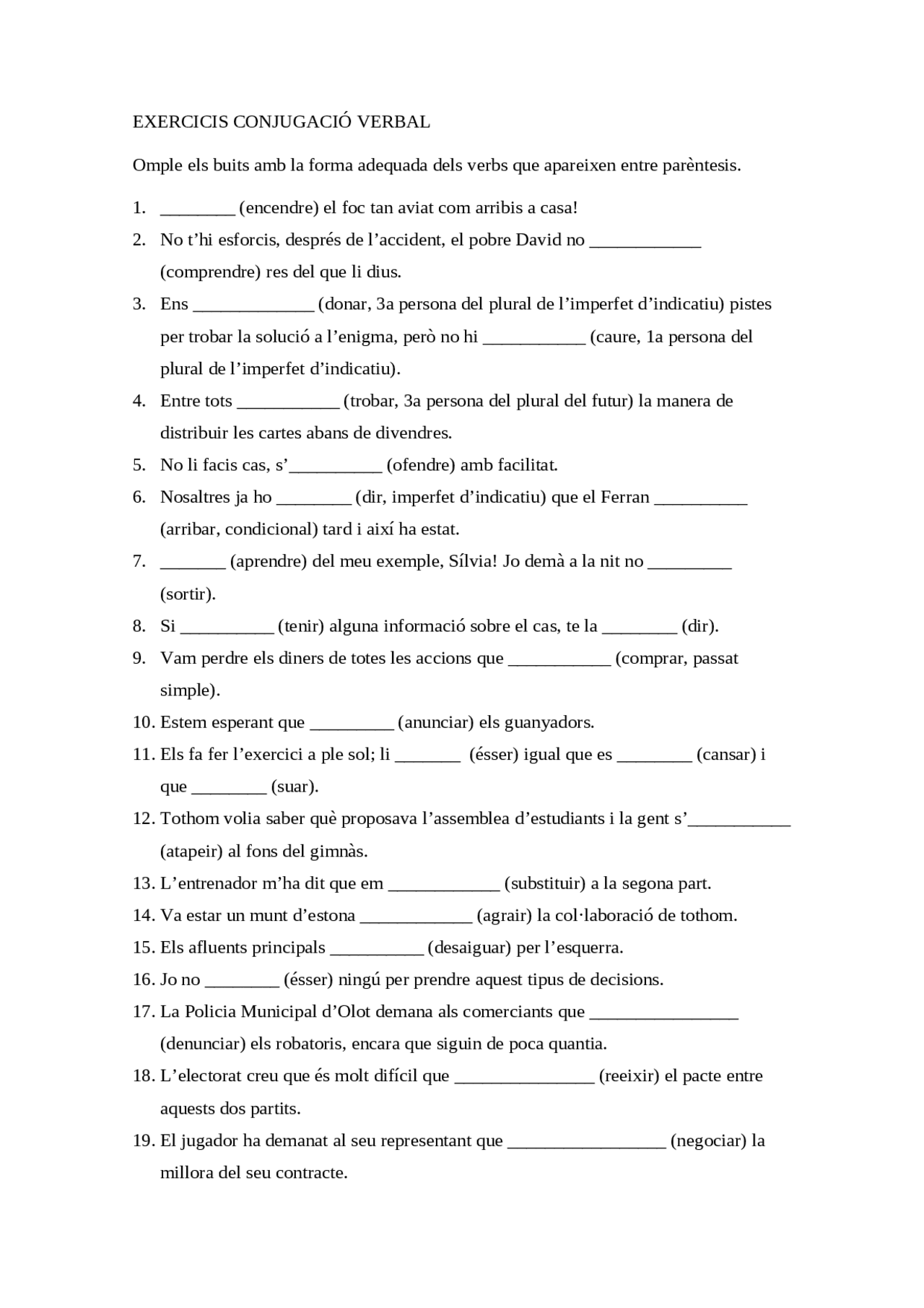 conjugacio catala verbs catala | Ejercicios de Catalán | Docsity