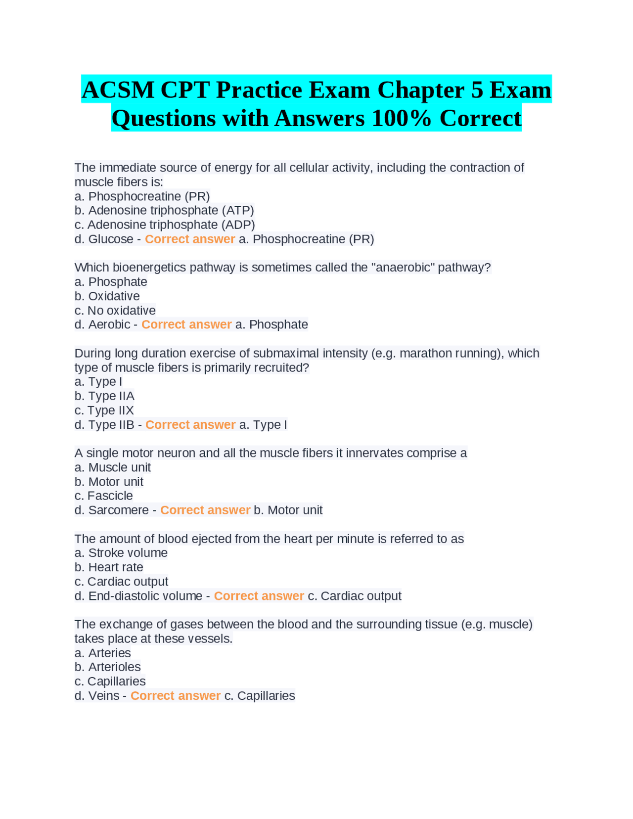 ACSM CPT Practice Exam Chapter 5 Exam Questions with Answers 100% ...