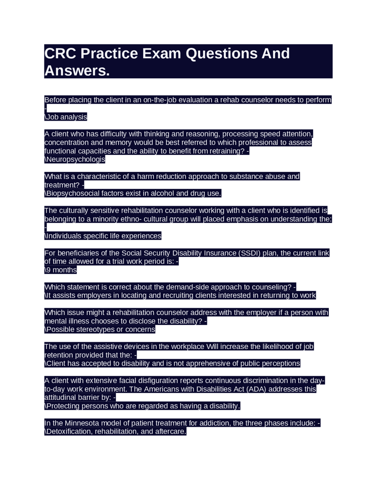 CRC Practice Exam Questions And Answers. | Exams Psychology | Docsity