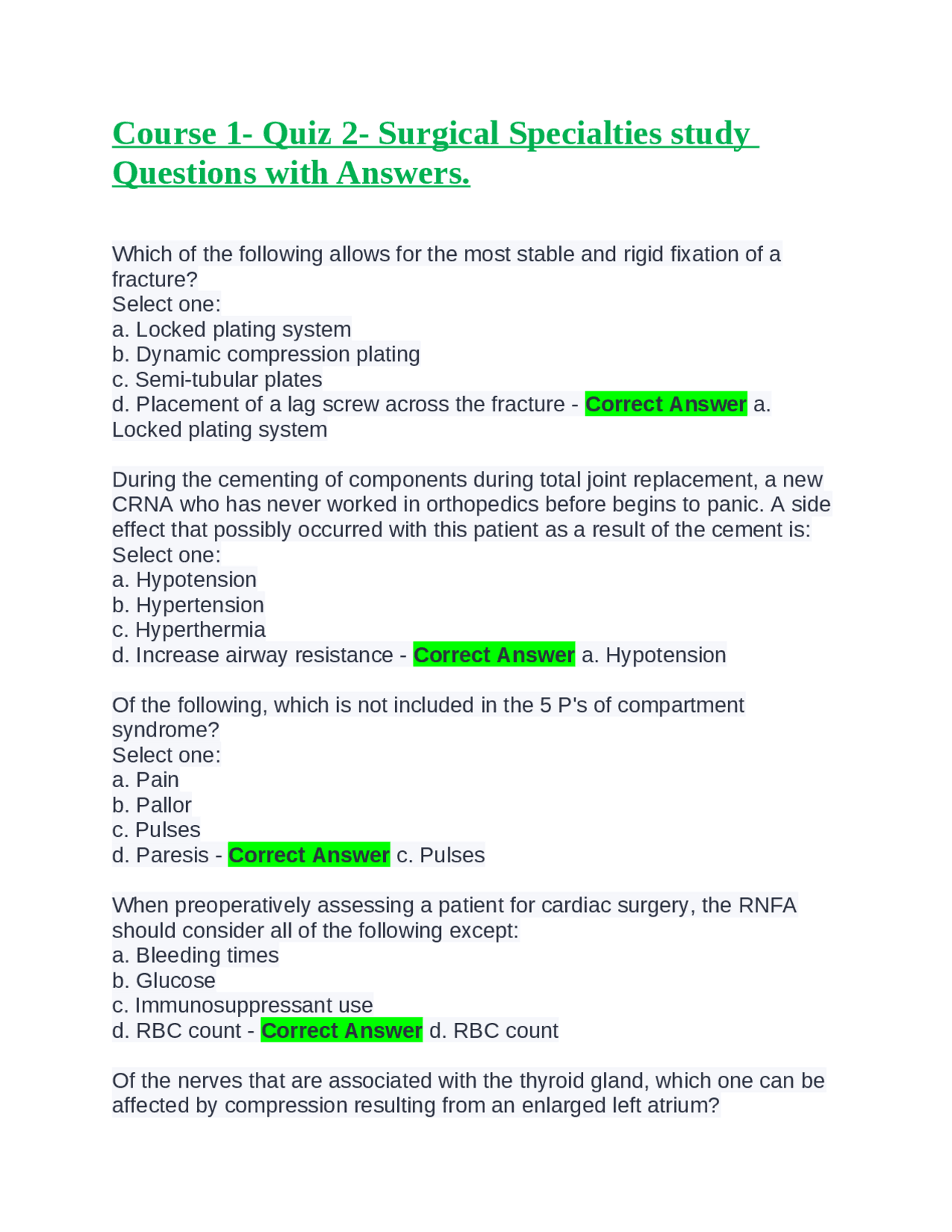 Course 1- Quiz 2- Surgical Specialties study Questions with Answers ...