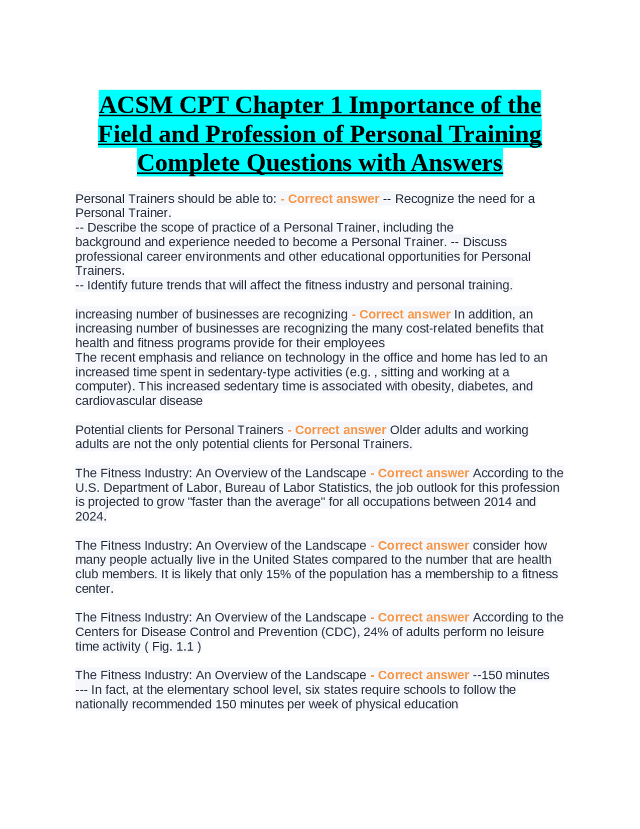 ACSM CPT Chapter 1 Importance of the Field and Profession of Personal ...