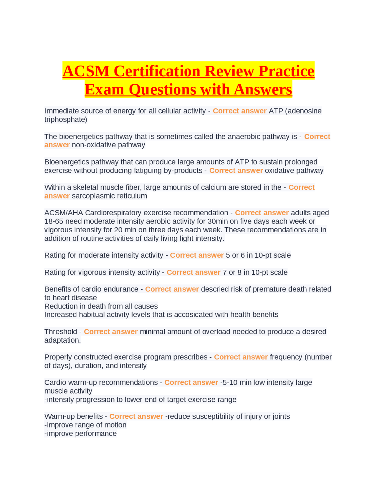 ACSM Certification Review Practice Exam Questions with Answers | Exams ...