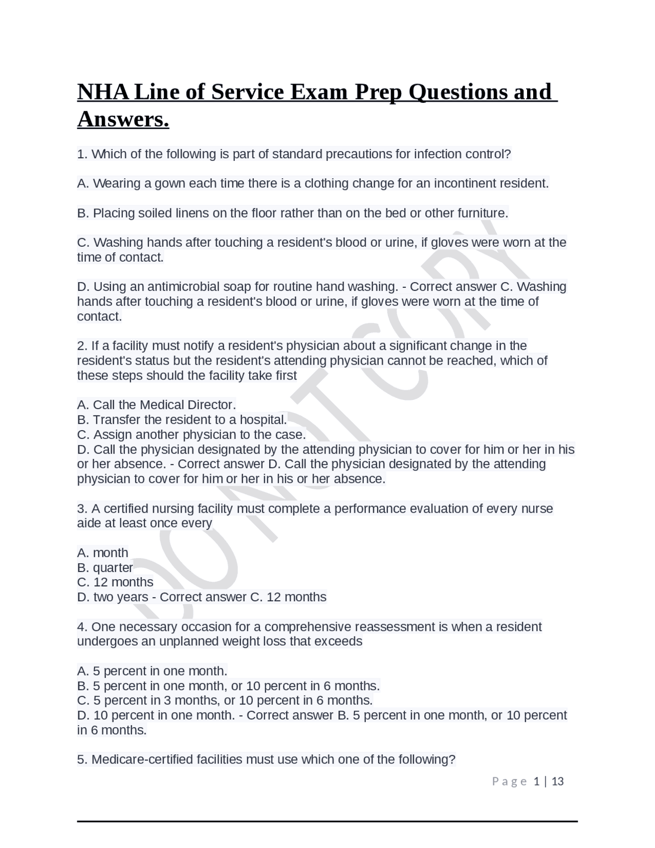 NHA Line of Service Exam Prep Questions and Answers. | Exams Management ...
