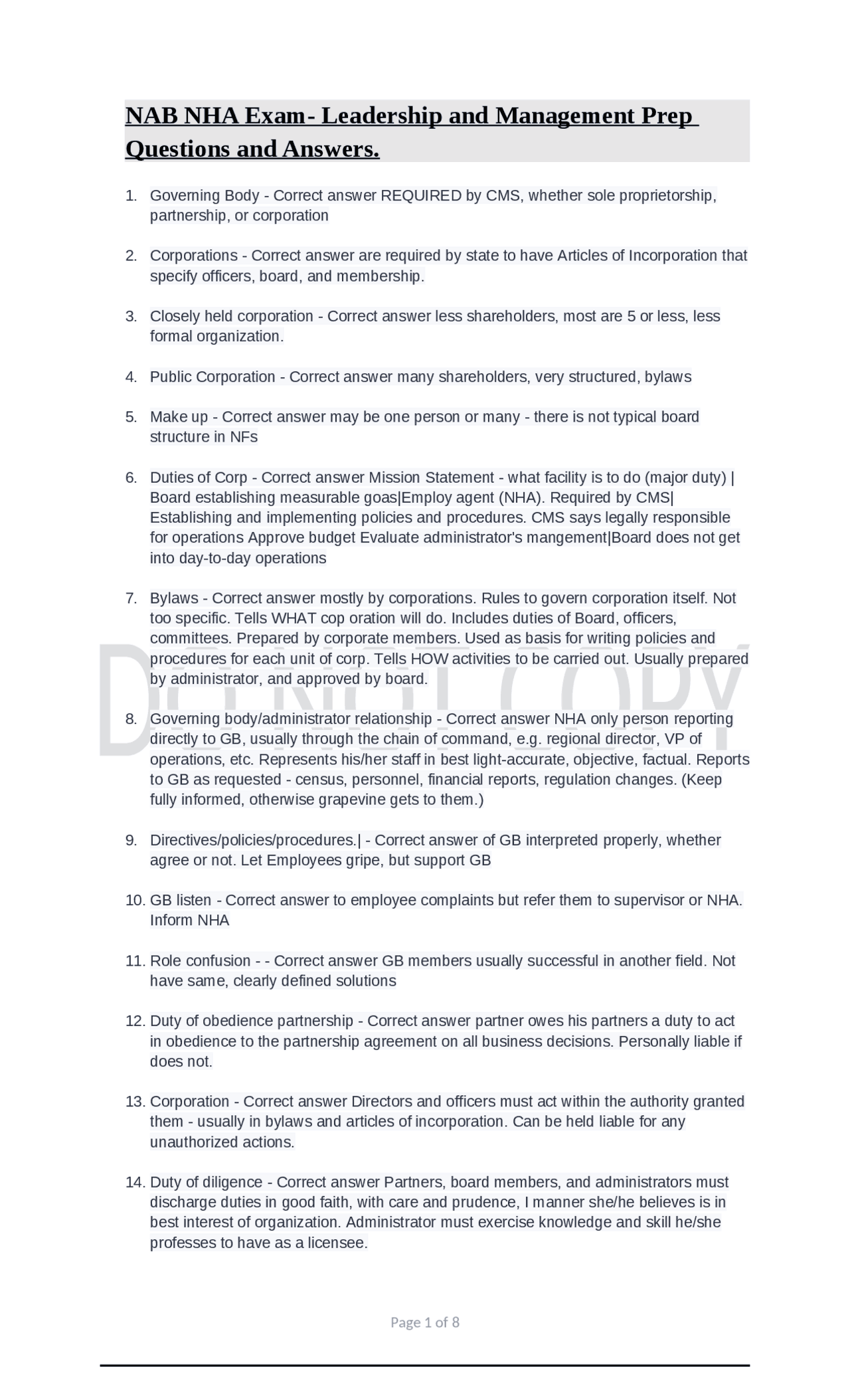 NAB NHA Exam- Leadership and Management Prep Questions and Answers ...