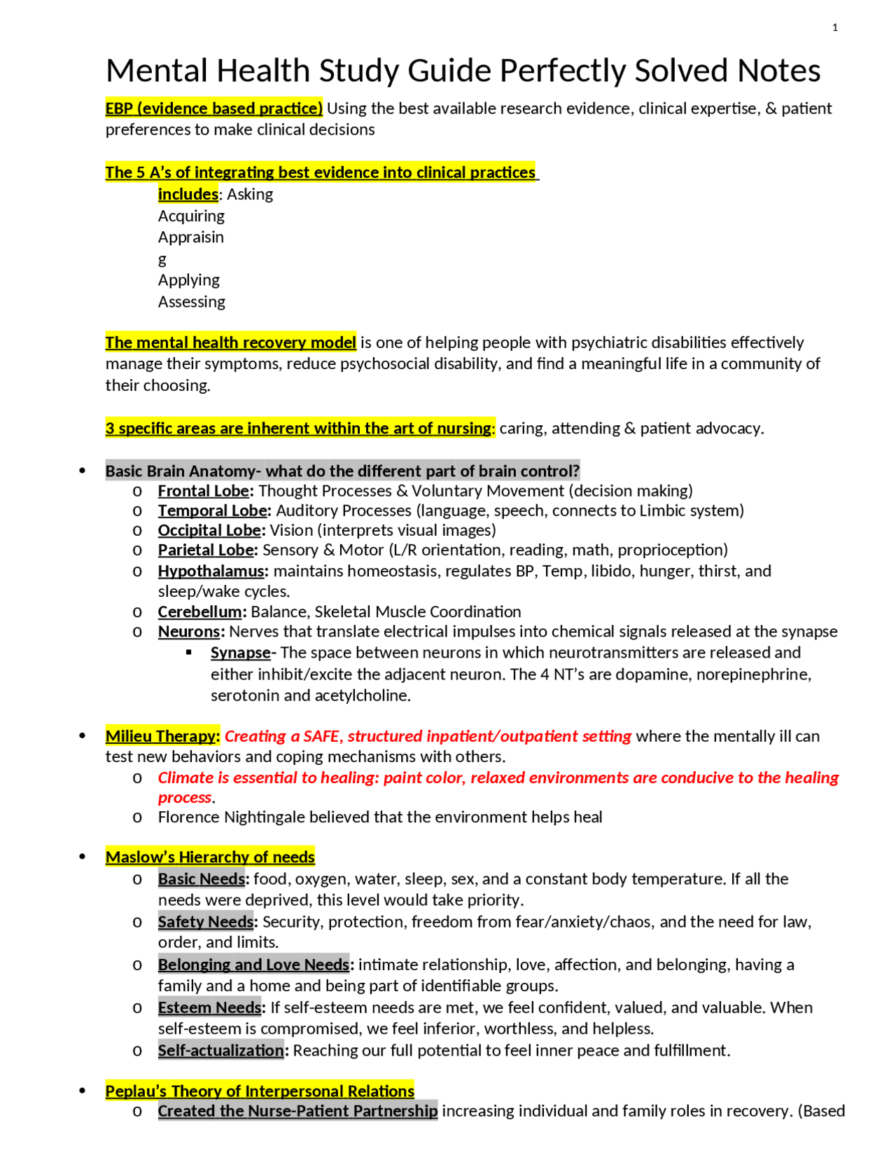 Mental Health Study Guide Perfectly Solved Notes | Exams Nursing | Docsity
