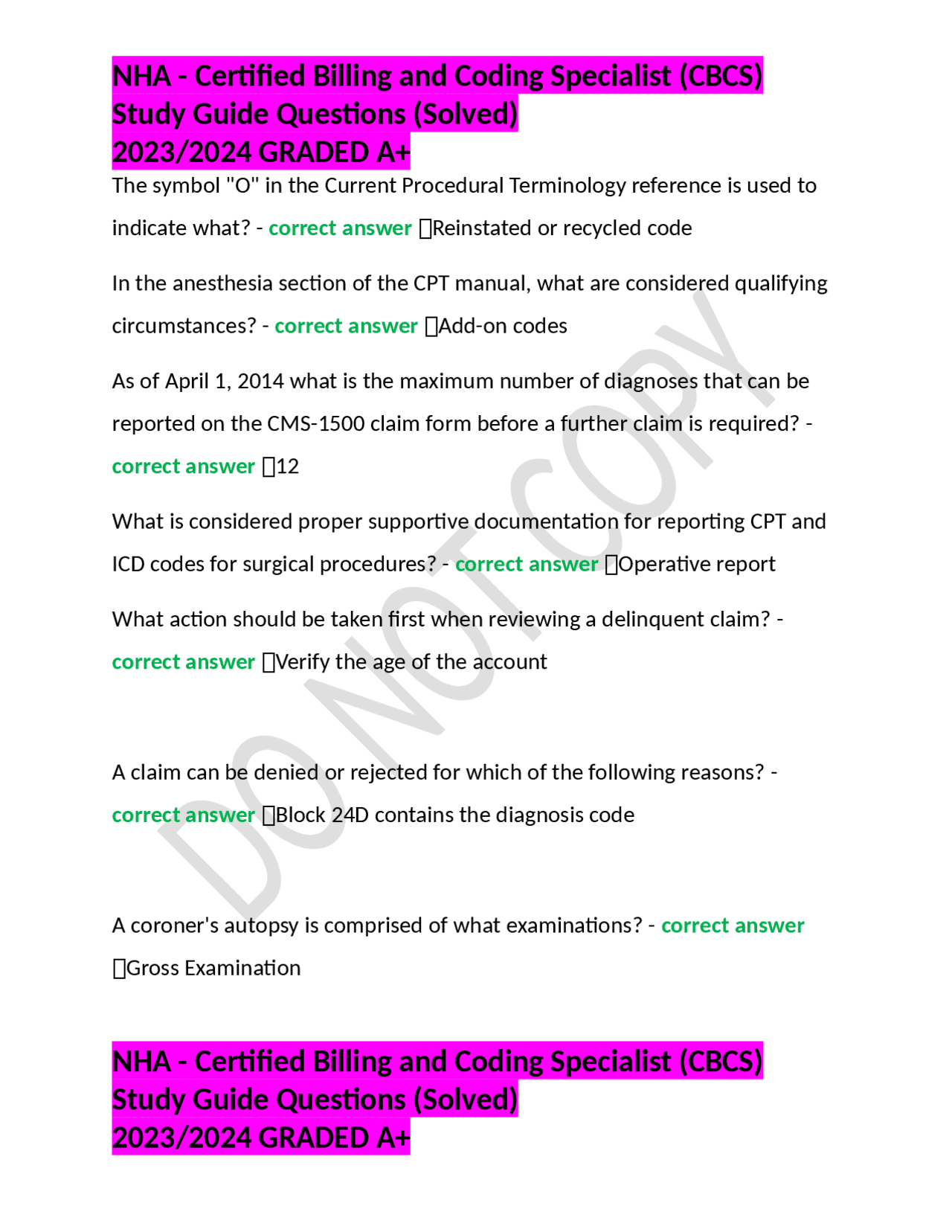 NHA Certified Billing and Coding Specialist (CBCS) Study Guide Answers ...