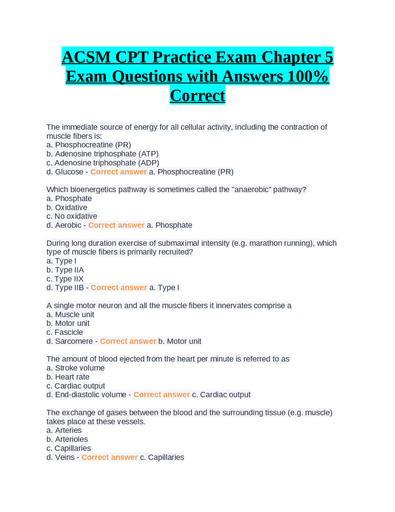 ACSM CPT Practice Exam Chapter 5 Exam Questions with Answers 100% ...
