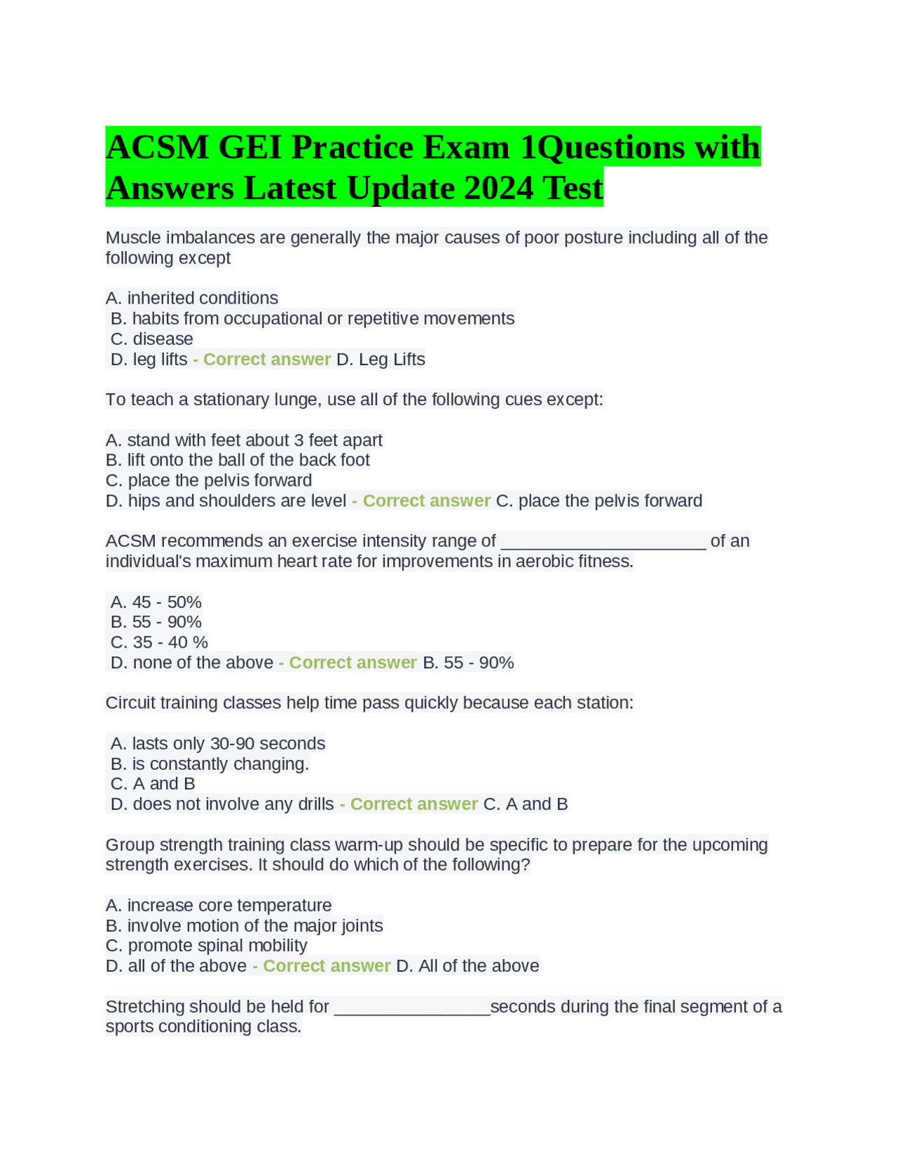 ACSM GEI Practice Exam 1Questions with Answers Latest Update 2024 Test ...
