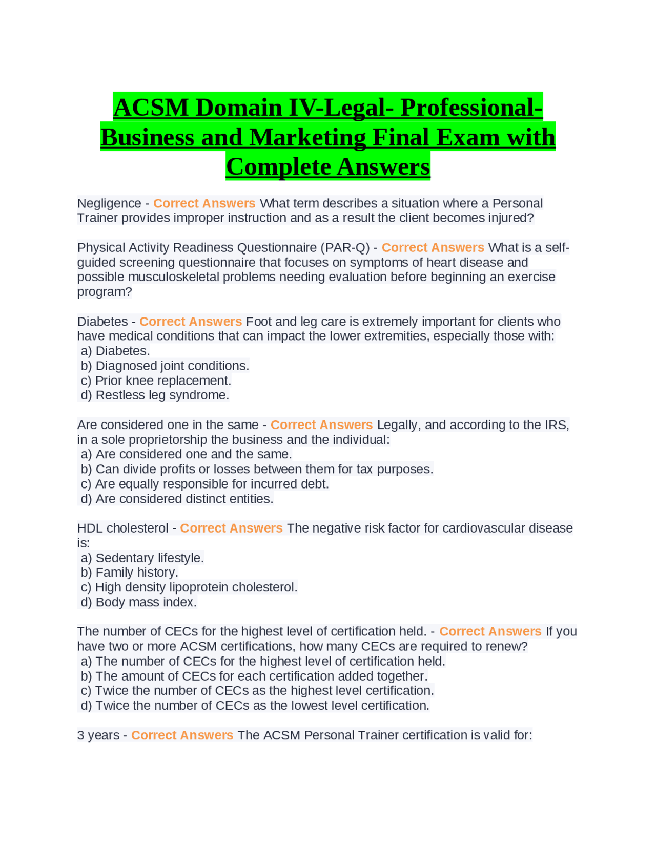 ACSM Domain IV-Legal- Professional-Business and Marketing Final Exam ...