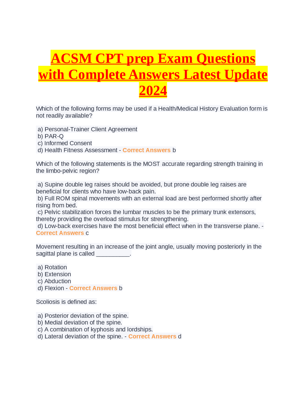 ACSM CPT prep Exam Questions with Complete Answers Latest Update 2024 ...