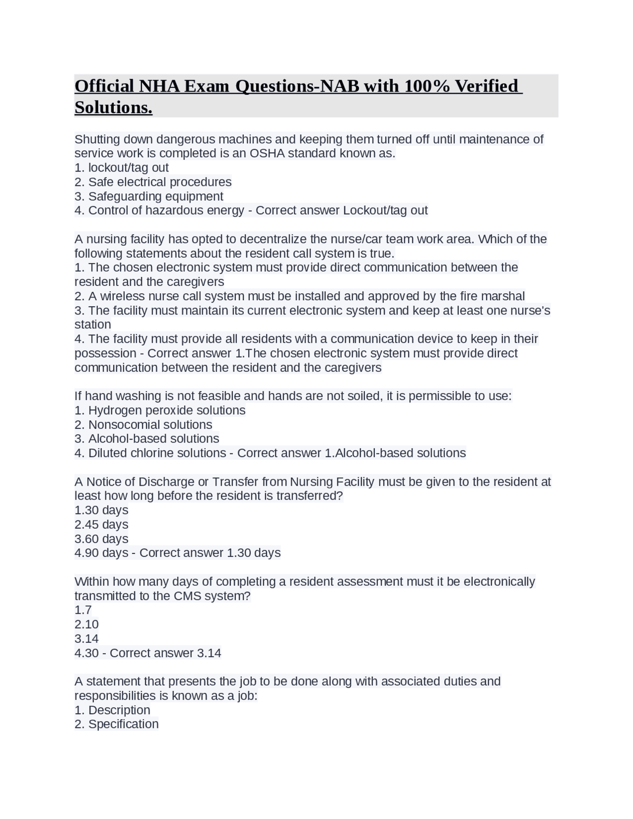 NHA Exam Questions and Answers for Nursing Facility Regulations | Exams ...