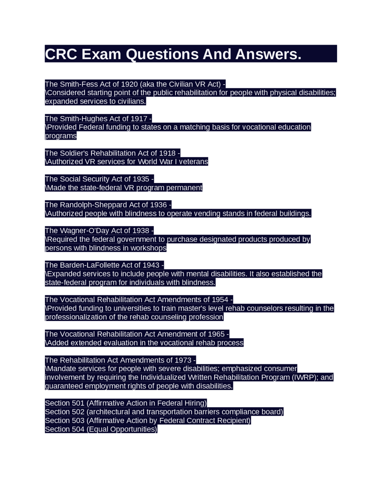 CRC Exam Questions And Answers. | Exams Psychology | Docsity