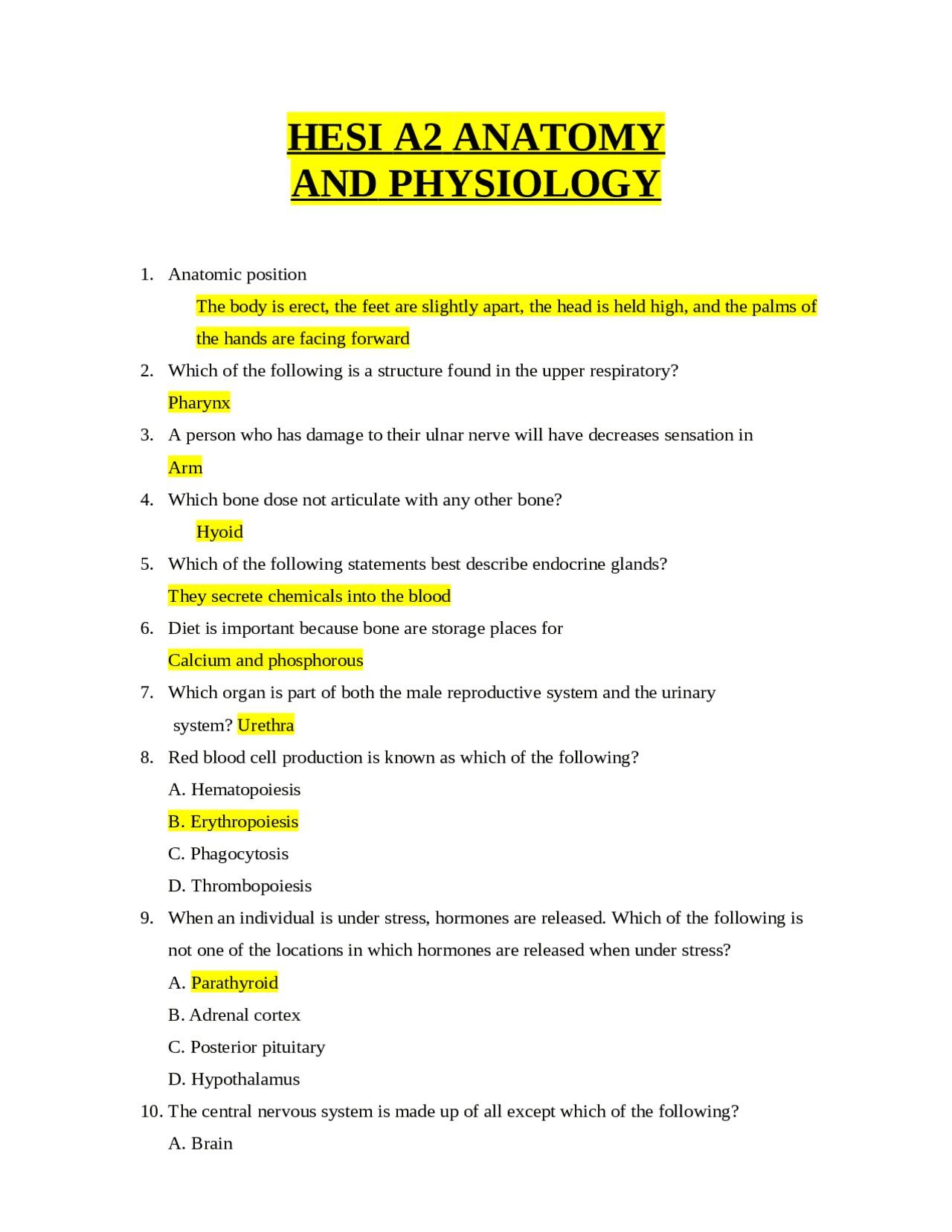 HESI A2 ANATOMY AND PHYSIOLOGY | Exams Human Physiology | Docsity