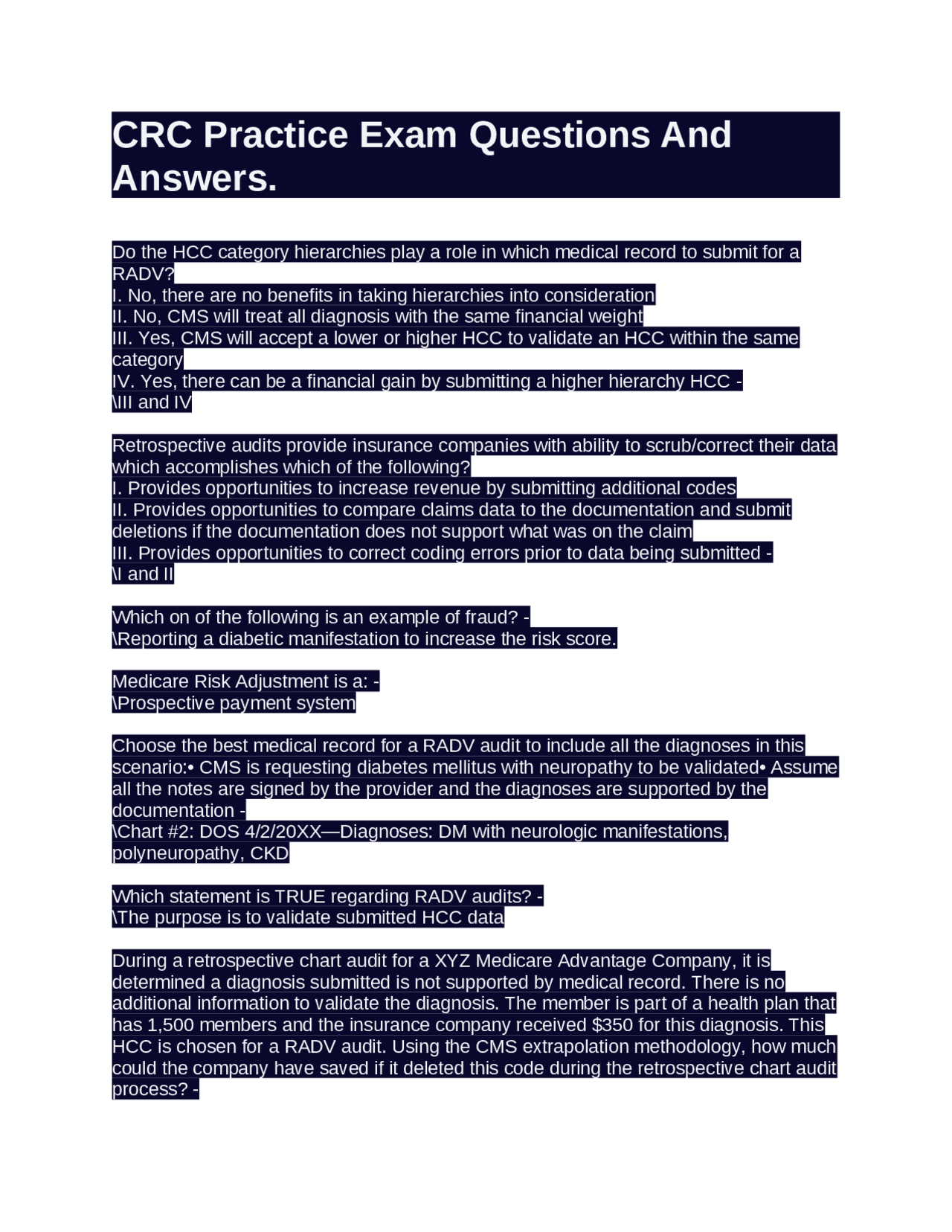 CRC Practice Exam Questions And Answers. | Exams Psychology | Docsity
