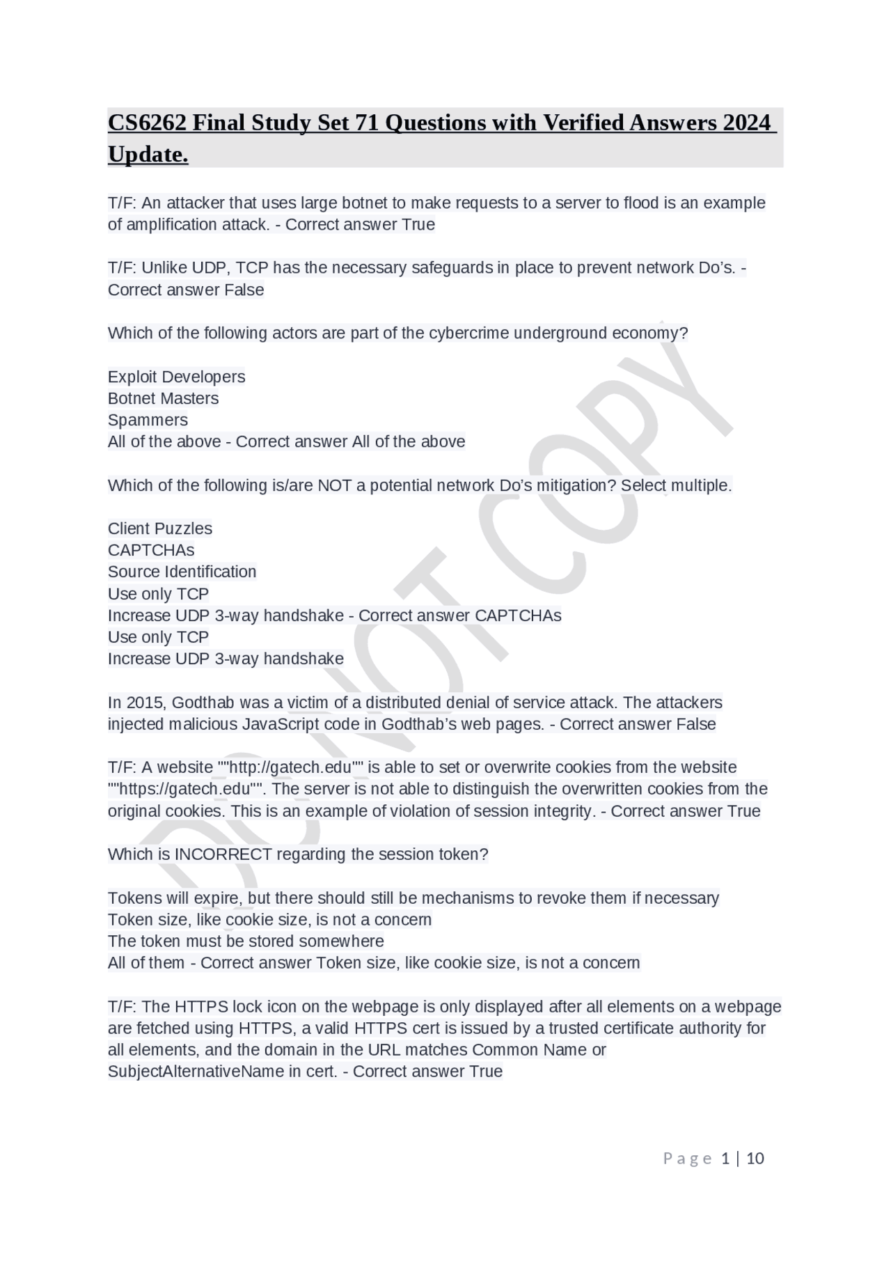 CS6262 Final Study Set 71 Questions with Verified Answers 2024 Update. | Exams Computer Science ...