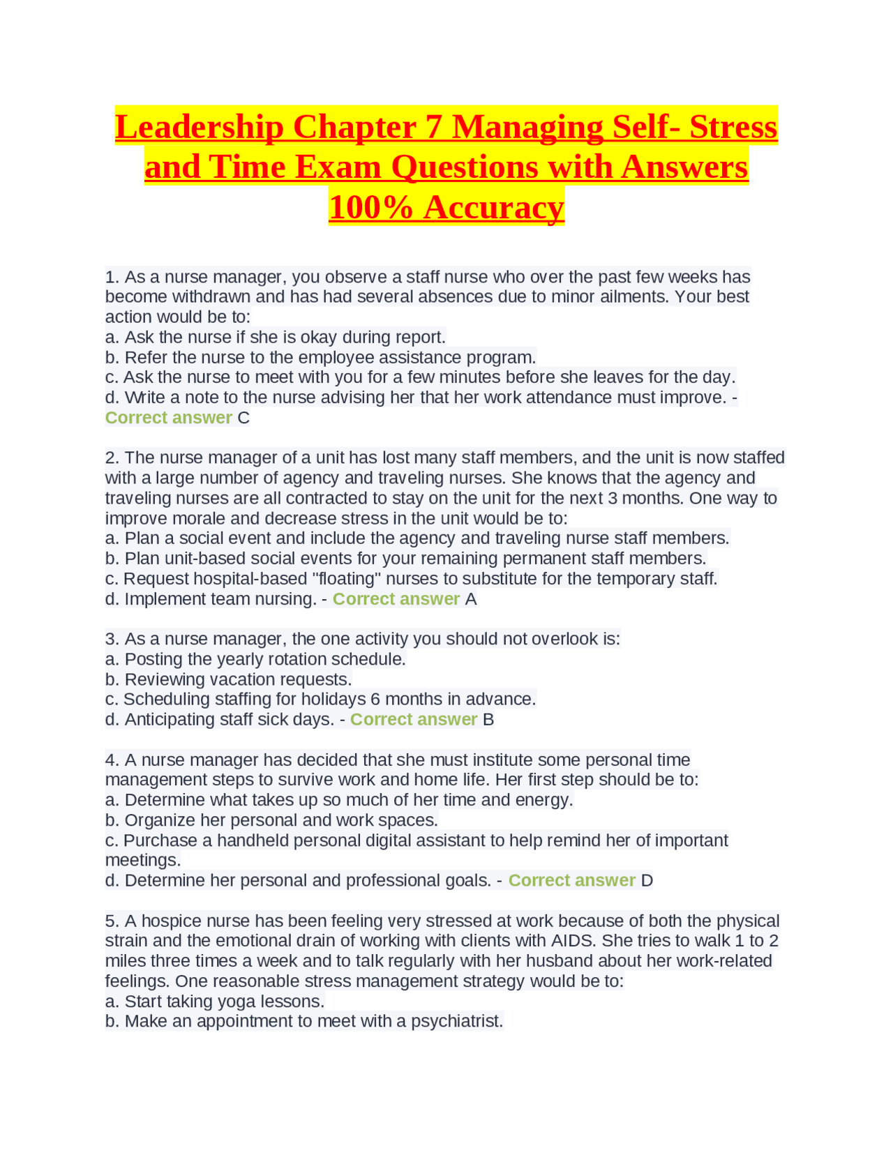Leadership Chapter 7 Managing Self- Stress and Time Exam Questions with ...