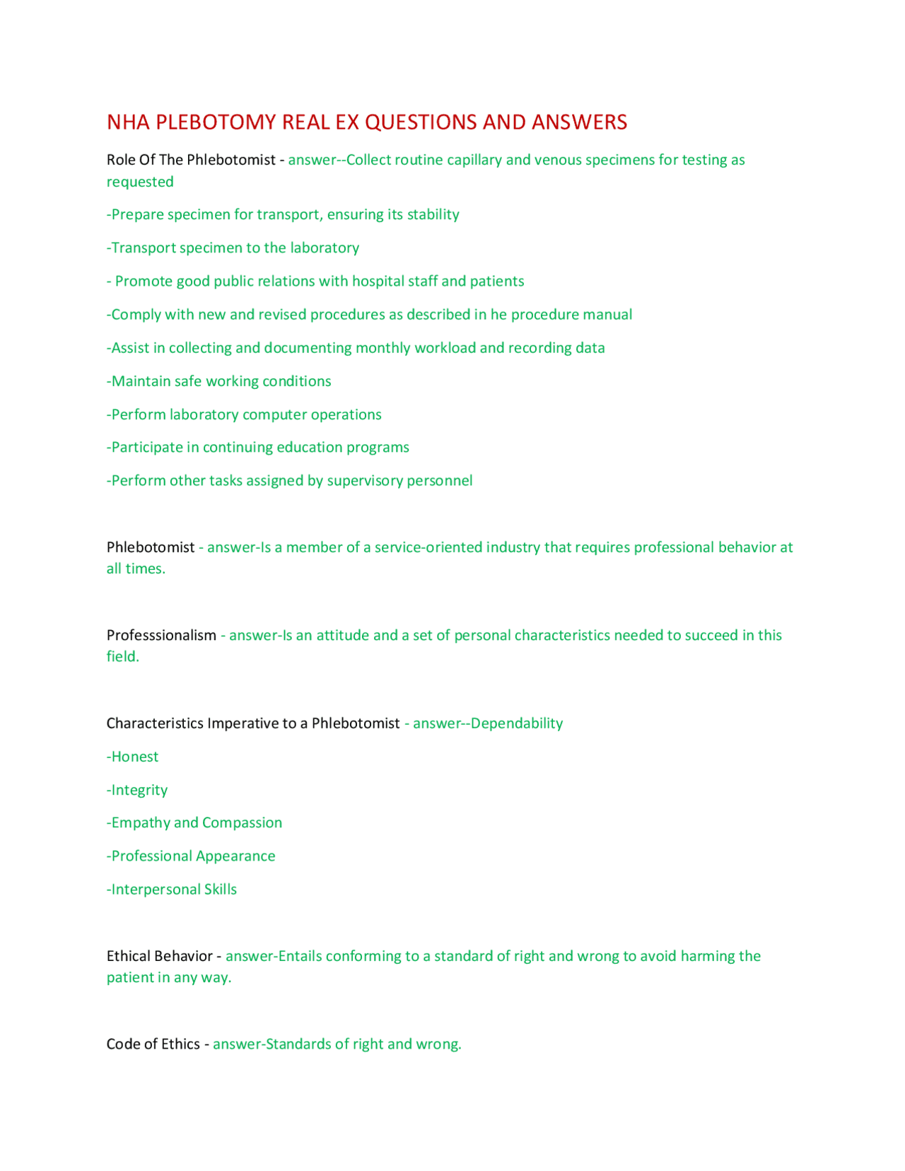 Phlebotomy Real Exam Questions and Answers | Exams Nursing | Docsity