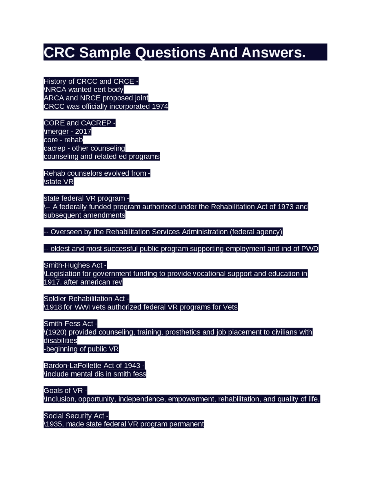 CRC Sample Questions And Answers. | Exams Psychology | Docsity