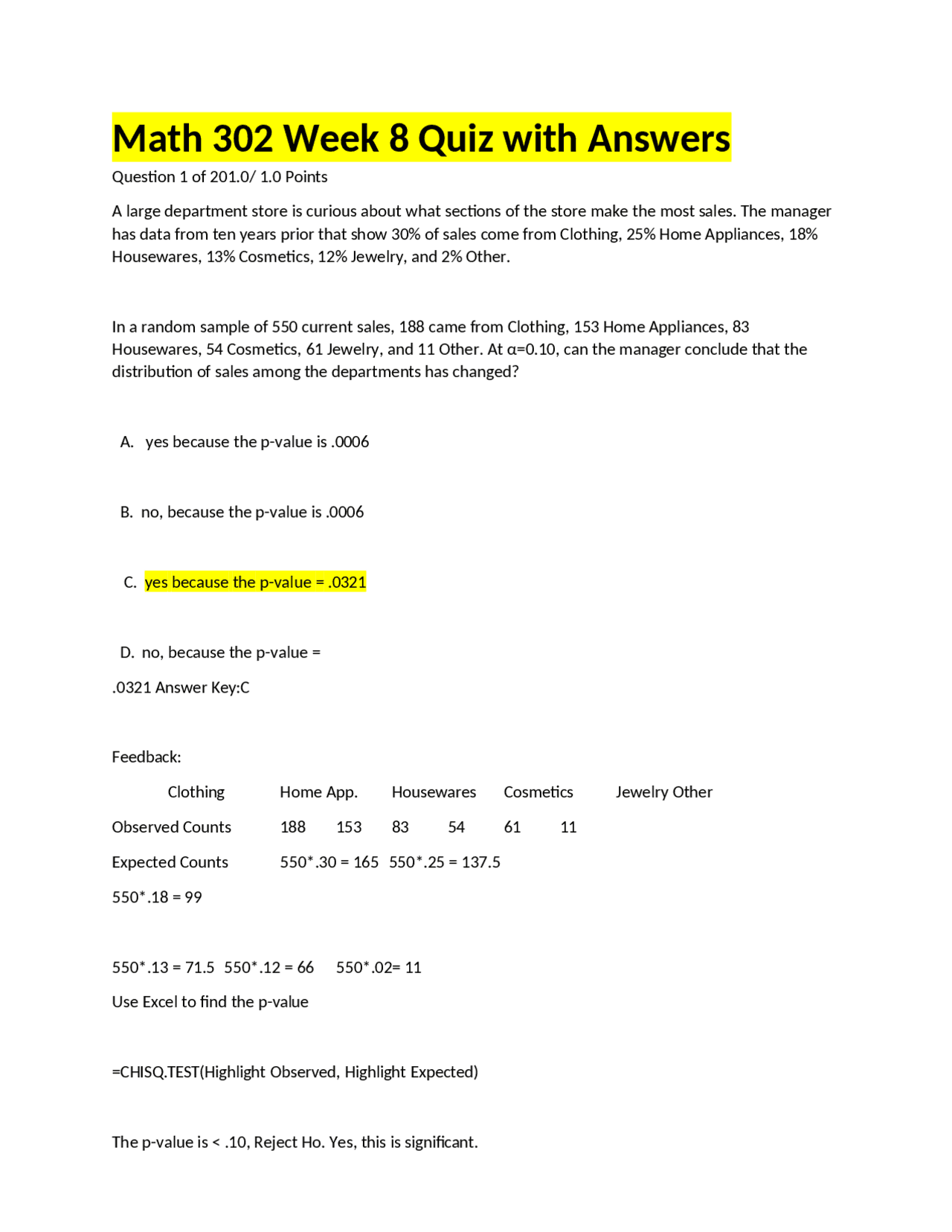 Math 302 Week 8 Quiz with Answers | Quizzes Mathematics | Docsity