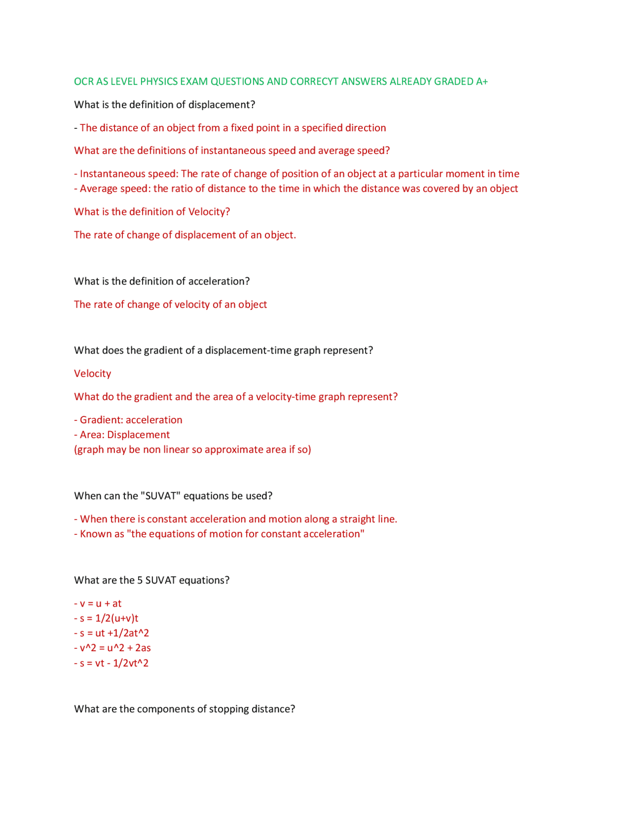 OCR AS LEVEL PHYSICS EXAM QUESTIONS AND CORRECYT ANSWERS ALREADY GRADED ...