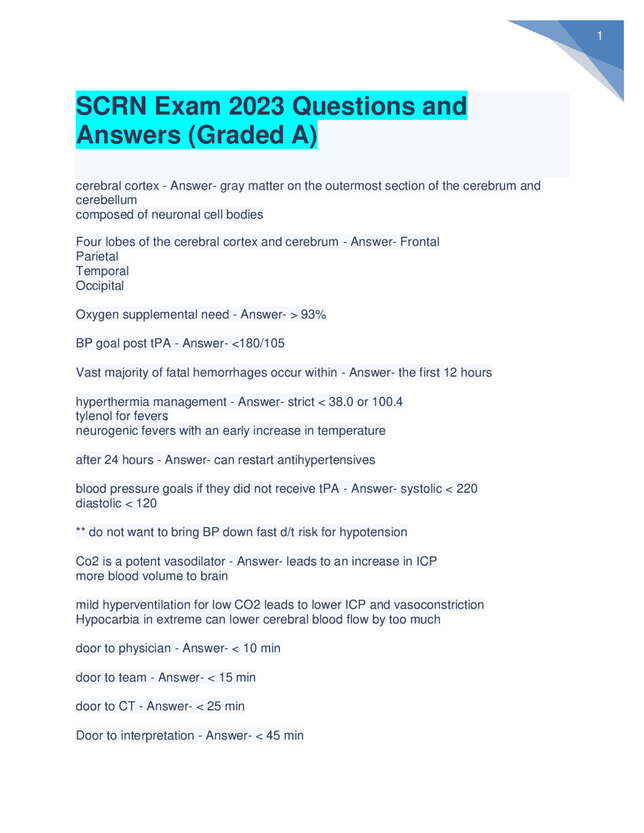 SCRN Exam 2023 Questions and Answers (Graded A) Updated | Exams Nursing ...