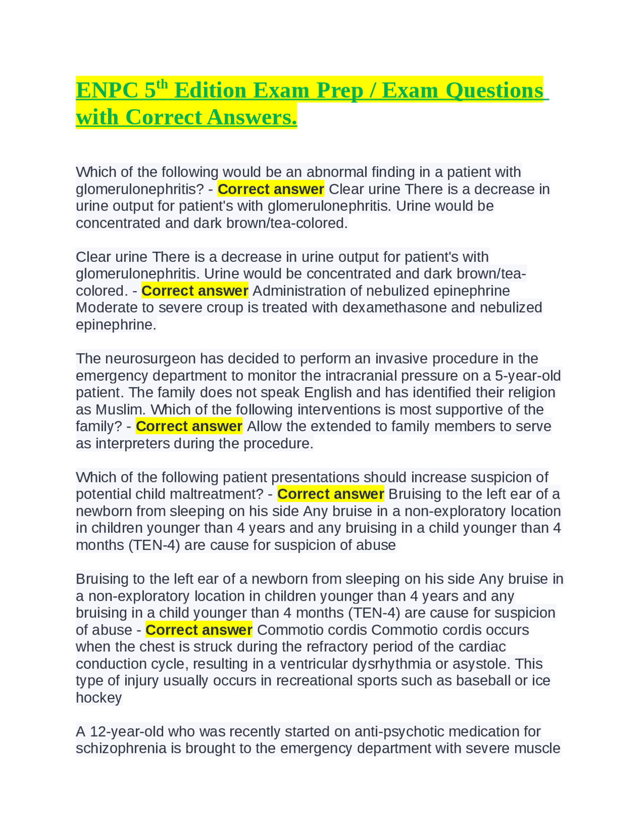 ENPC 5th Edition Exam Prep / Exam Questions with Correct Answers ...