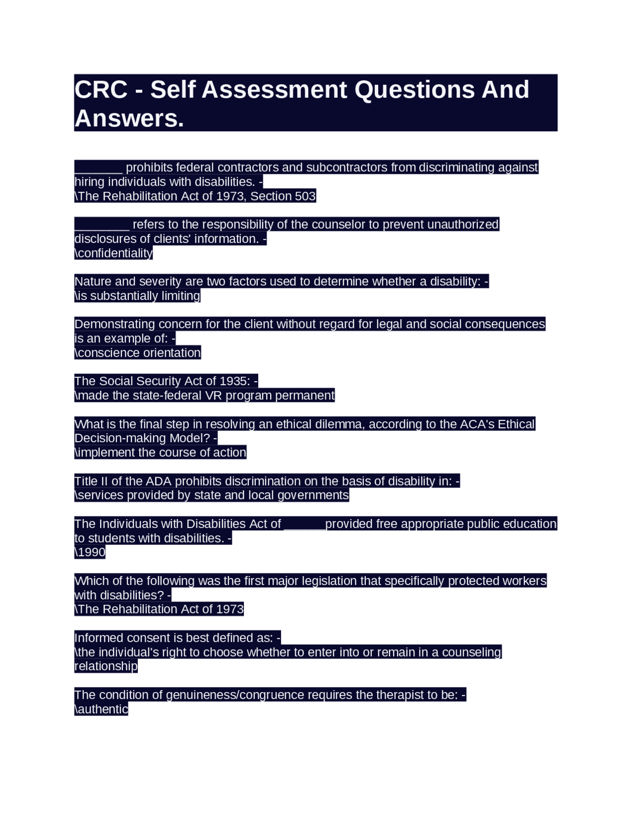 CRC - Self Assessment Questions And Answers. | Exams Psychology | Docsity