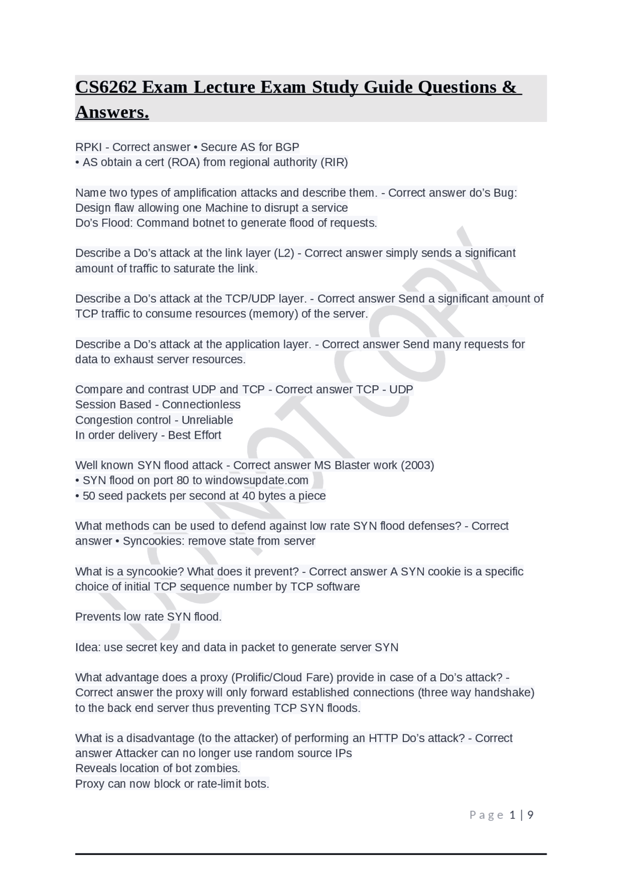 CS6262 Exam Lecture Exam Study Guide Questions & Answers. | Exams Computer Science | Docsity