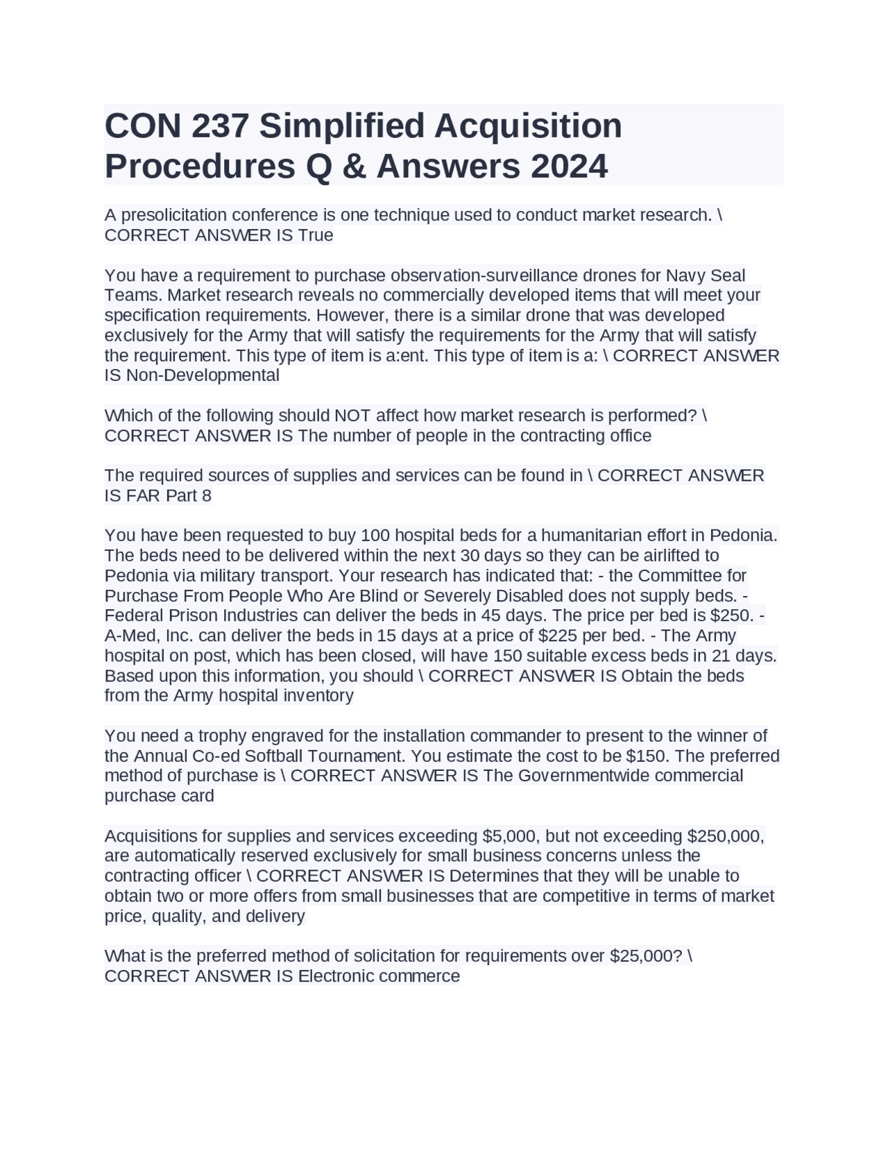 CON 237 Simplified Acquisition Procedures Q & Answers 2024 | Exams ...