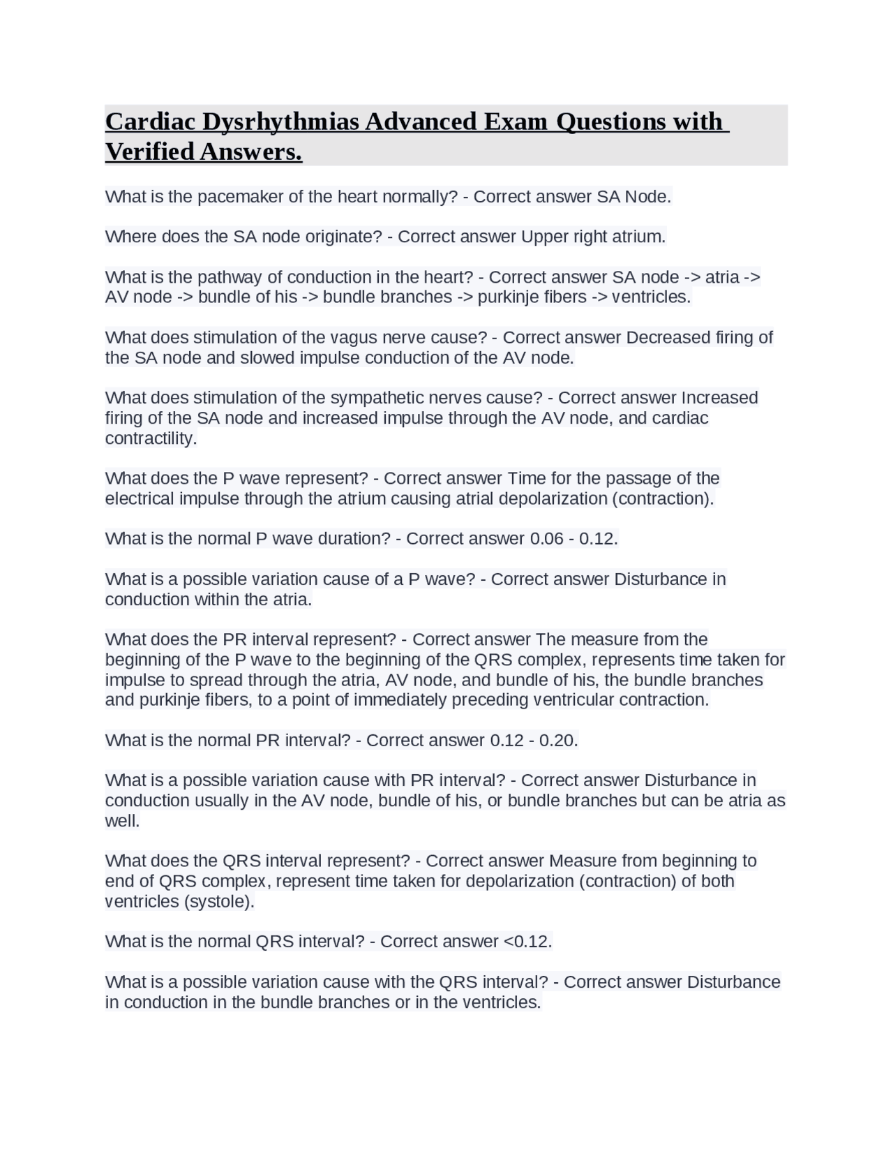 Cardiac Dysrhythmias Advanced Exam Questions with Verified Answers ...