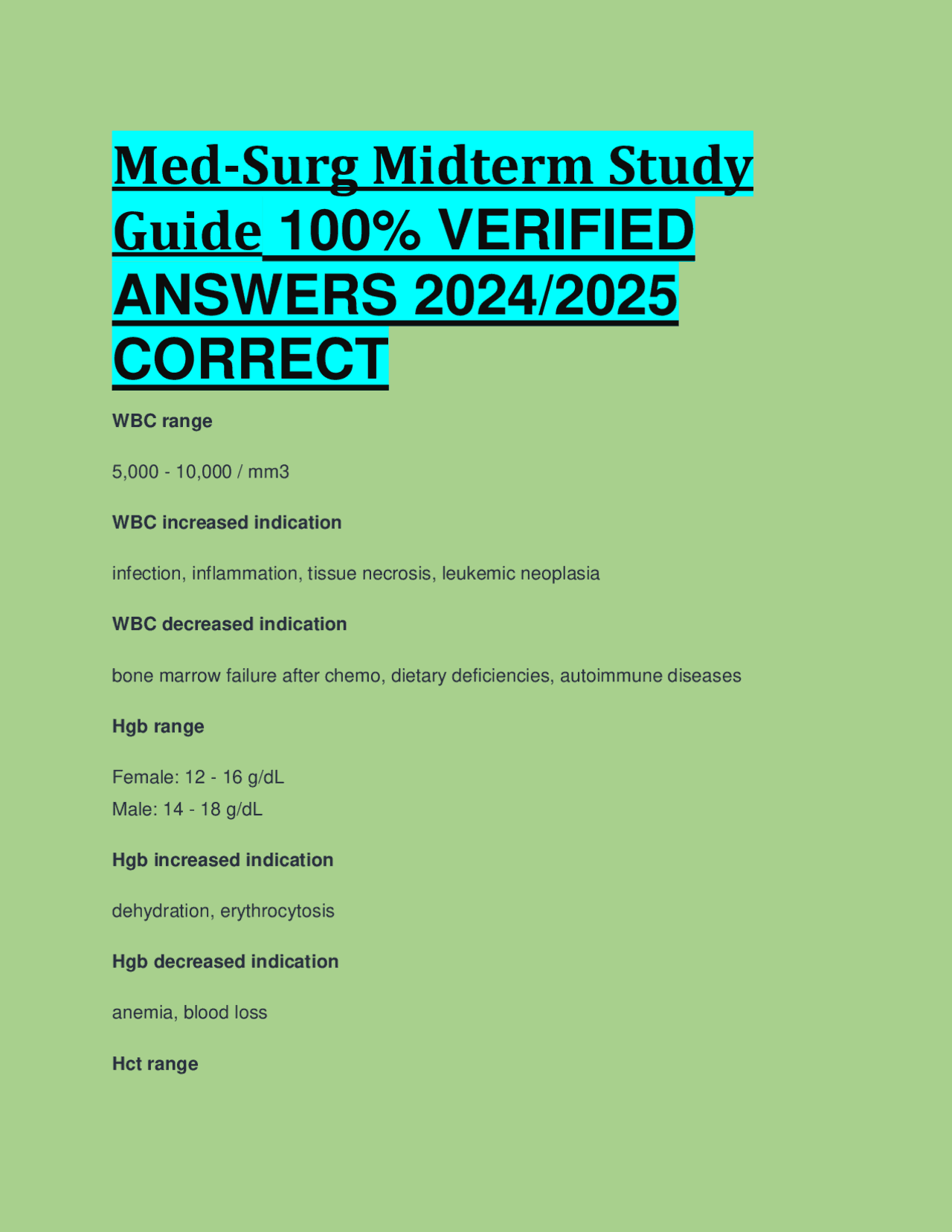 Med-Surg Midterm Study Guide 100% VERIFIED ANSWERS 2024/2025 CORRECT | Exams Nursing | Docsity