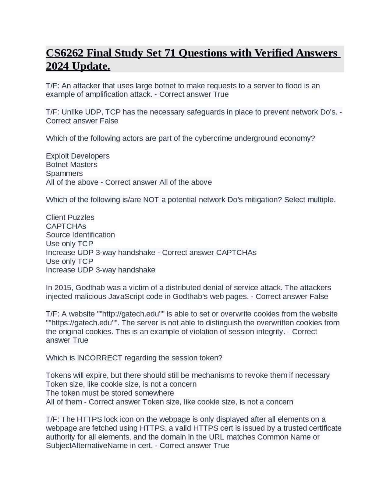 CS6262 Final Study Set 71 Questions with Verified Answers 2024 Update. | Exams Computer Science ...