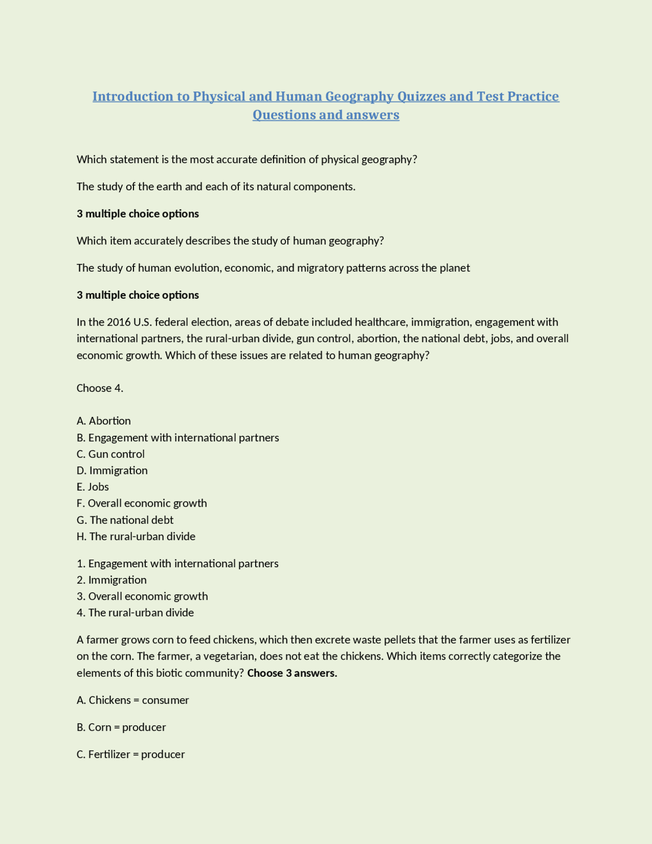 Introduction to Physical and Human Geography Quizzes and Test Practice ...