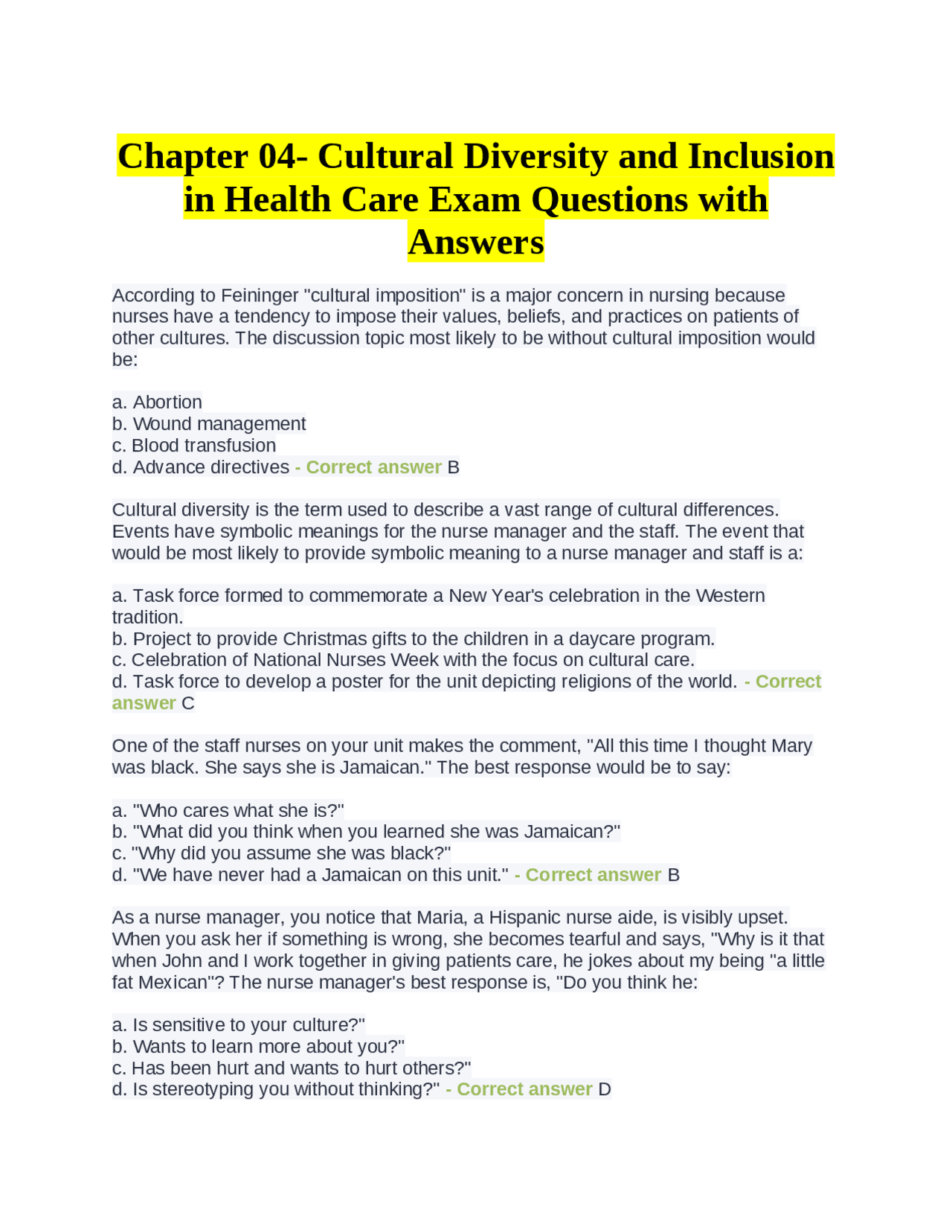 Chapter 04- Cultural Diversity and Inclusion in Health Care Exam ...