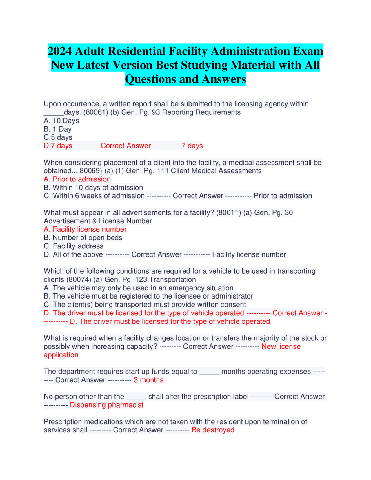 2024 Adult Residential Facility Administration Exam New Latest Version ...