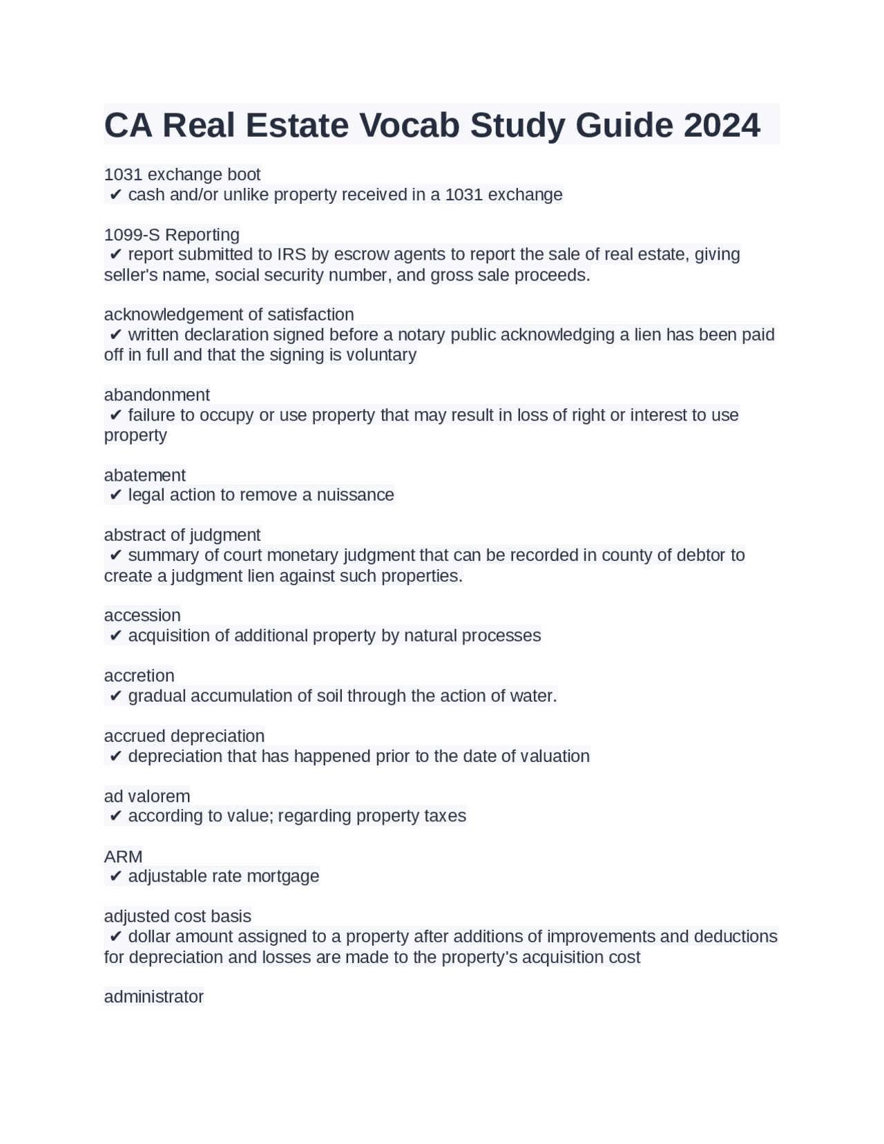 CA Real Estate Vocabulary Study Guide 2024 | Exams Nursing | Docsity