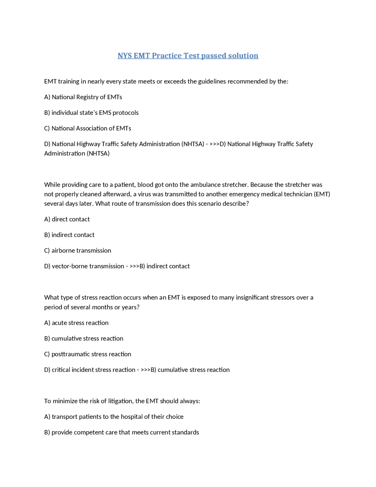 NYS EMT Practice Test passed solution | Exams Advanced Education | Docsity