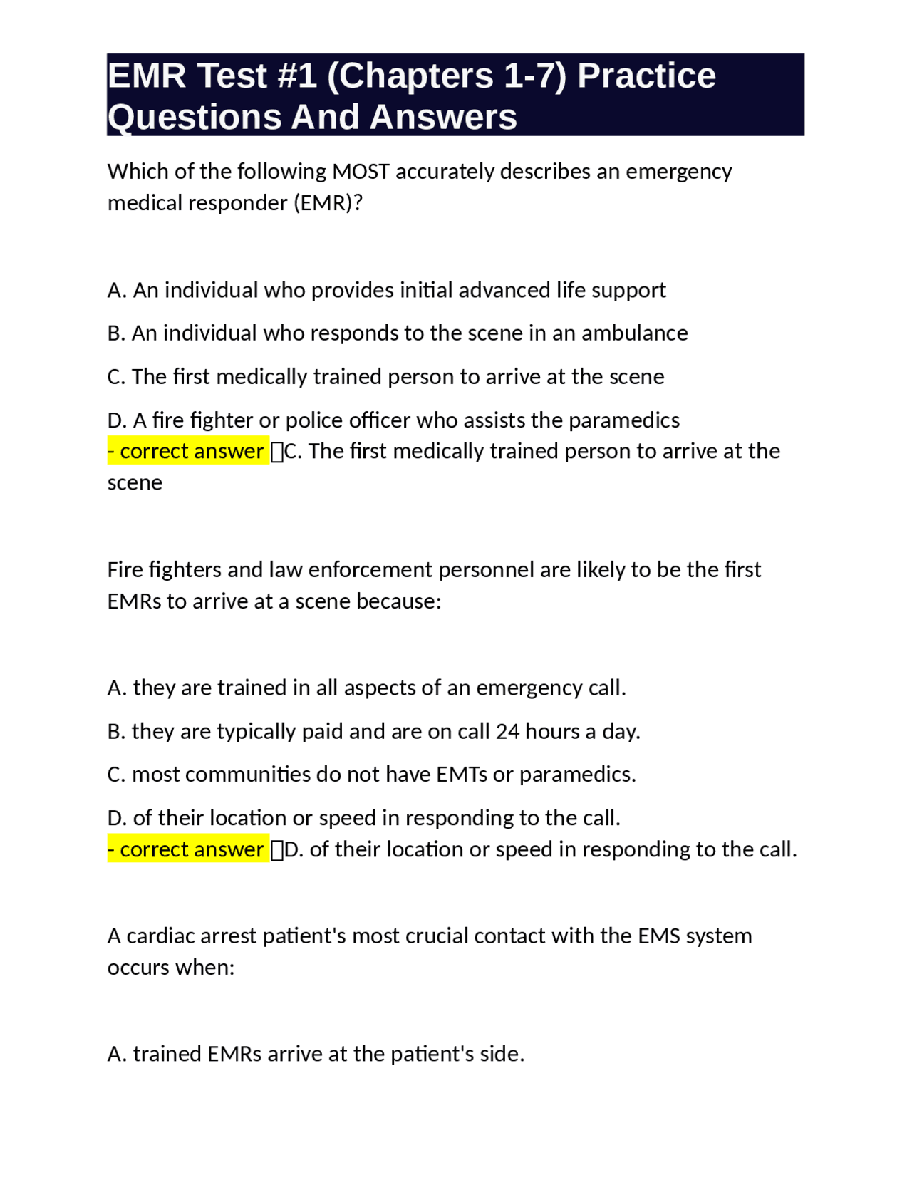 EMR Test #1 (Chapters 1-7) Practice Questions And Answers | Exams ...