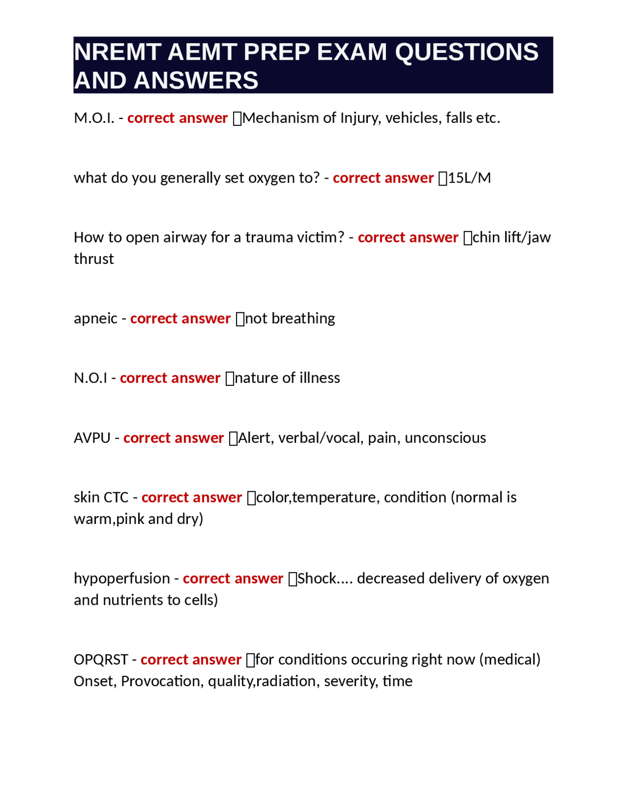 NREMT AEMT PREP EXAM QUESTIONS AND ANSWERS | Exams Nursing | Docsity