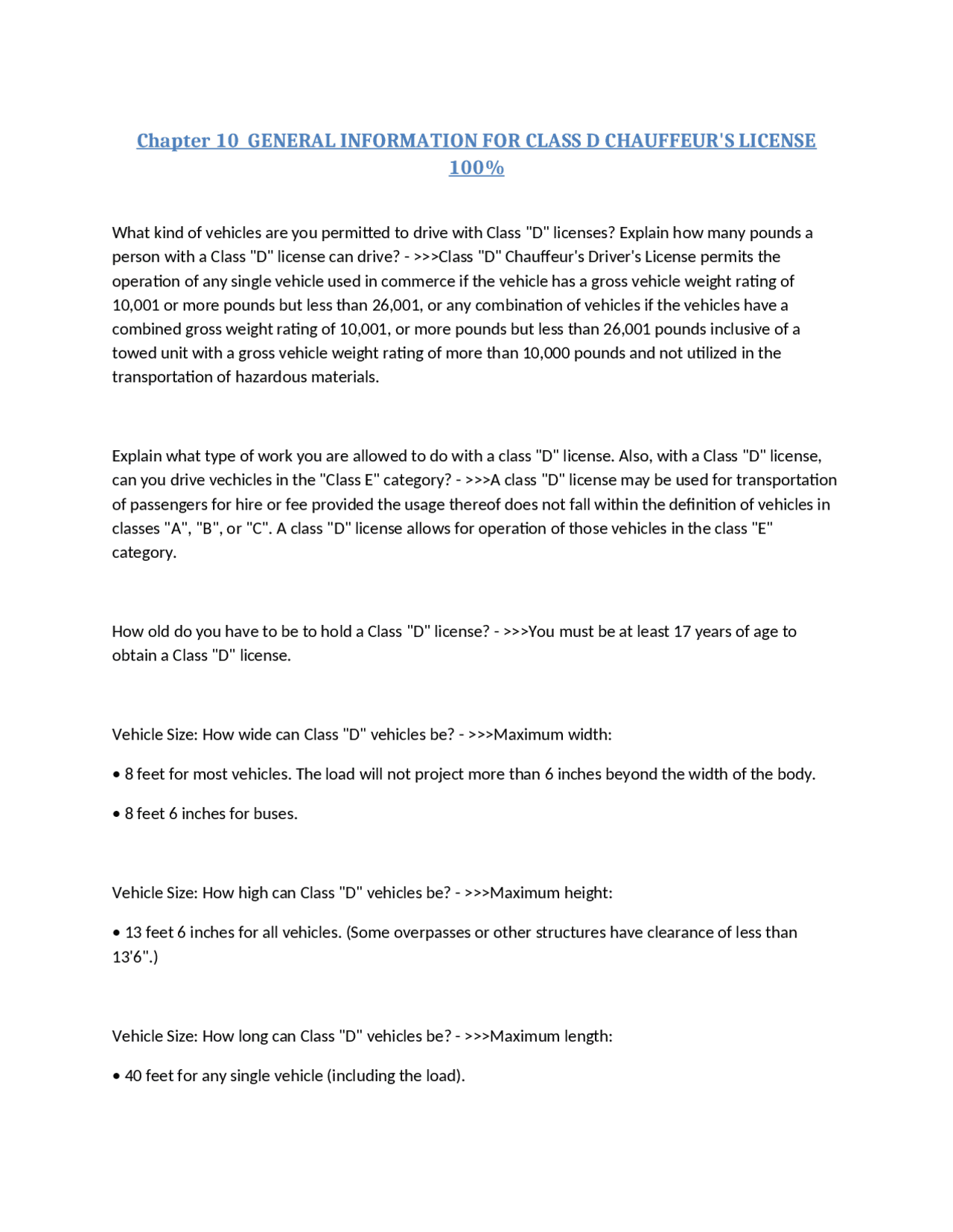 Chapter 10 GENERAL INFORMATION FOR CLASS D CHAUFFEUR'S LICENSE 100% ...