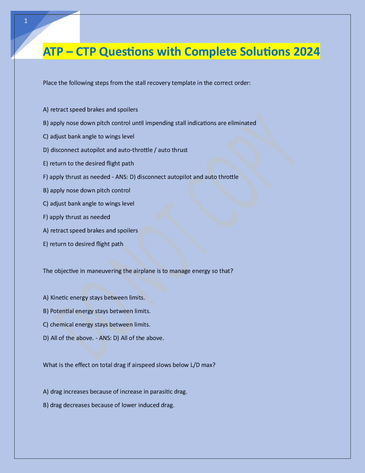 ATP – CTP Questions with Complete Solutions 2024 | Exams Nursing | Docsity
