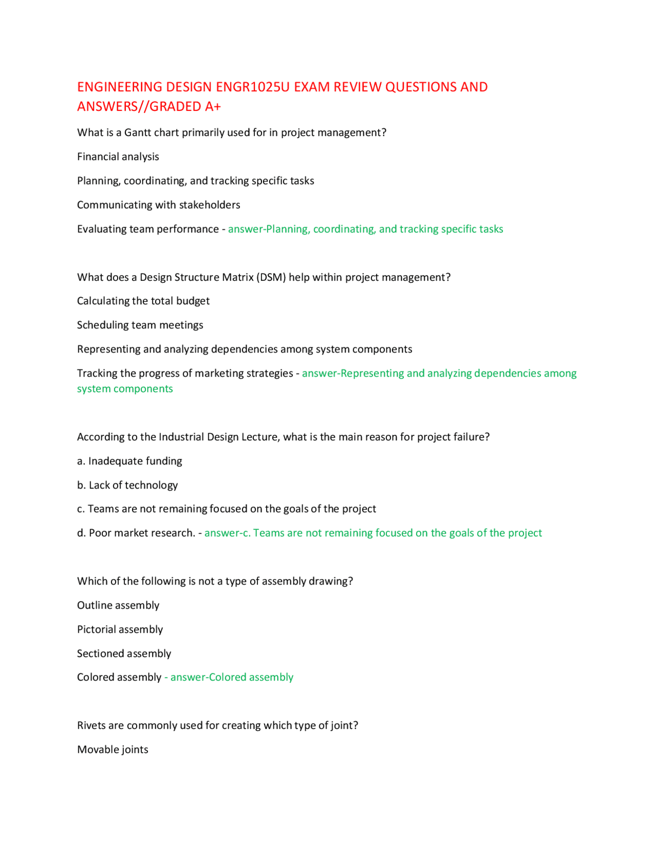 ENGINEERING DESIGN ENGR1025U EXAM REVIEW QUESTIONS AND ANSWERS//GRADED A+ What is a Gantt ...