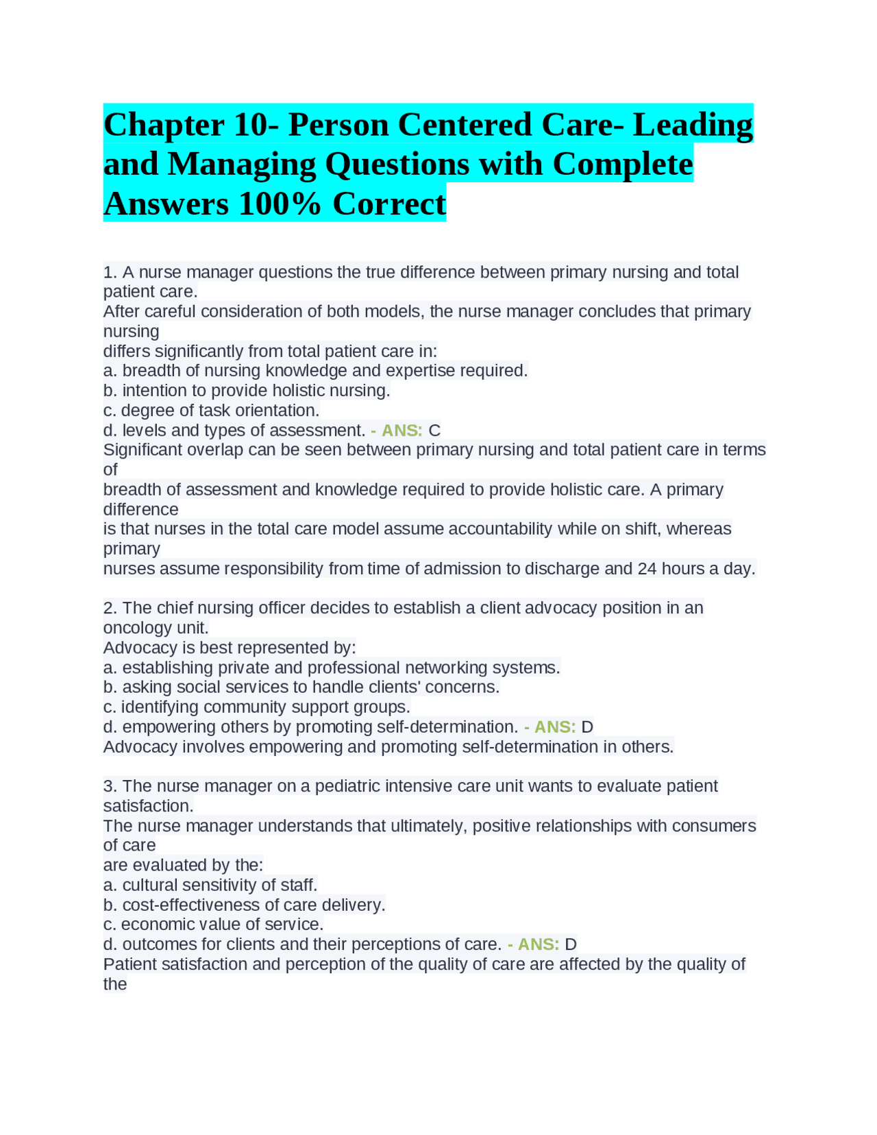 Chapter 10- Person Centered Care- Leading and Managing Questions with ...