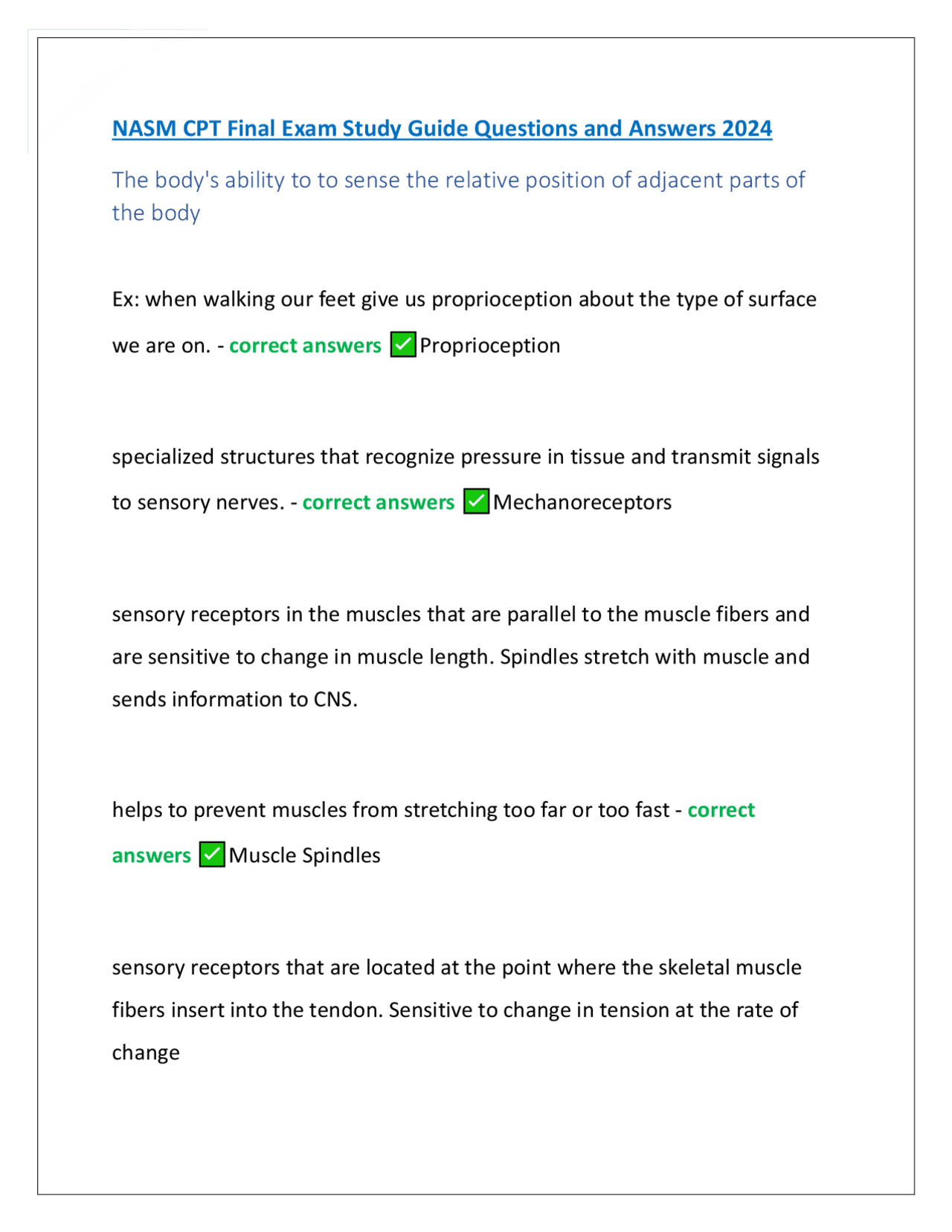 NASM CPT Final Exam Study Guide Questions and Answers 2024 | Exams ...